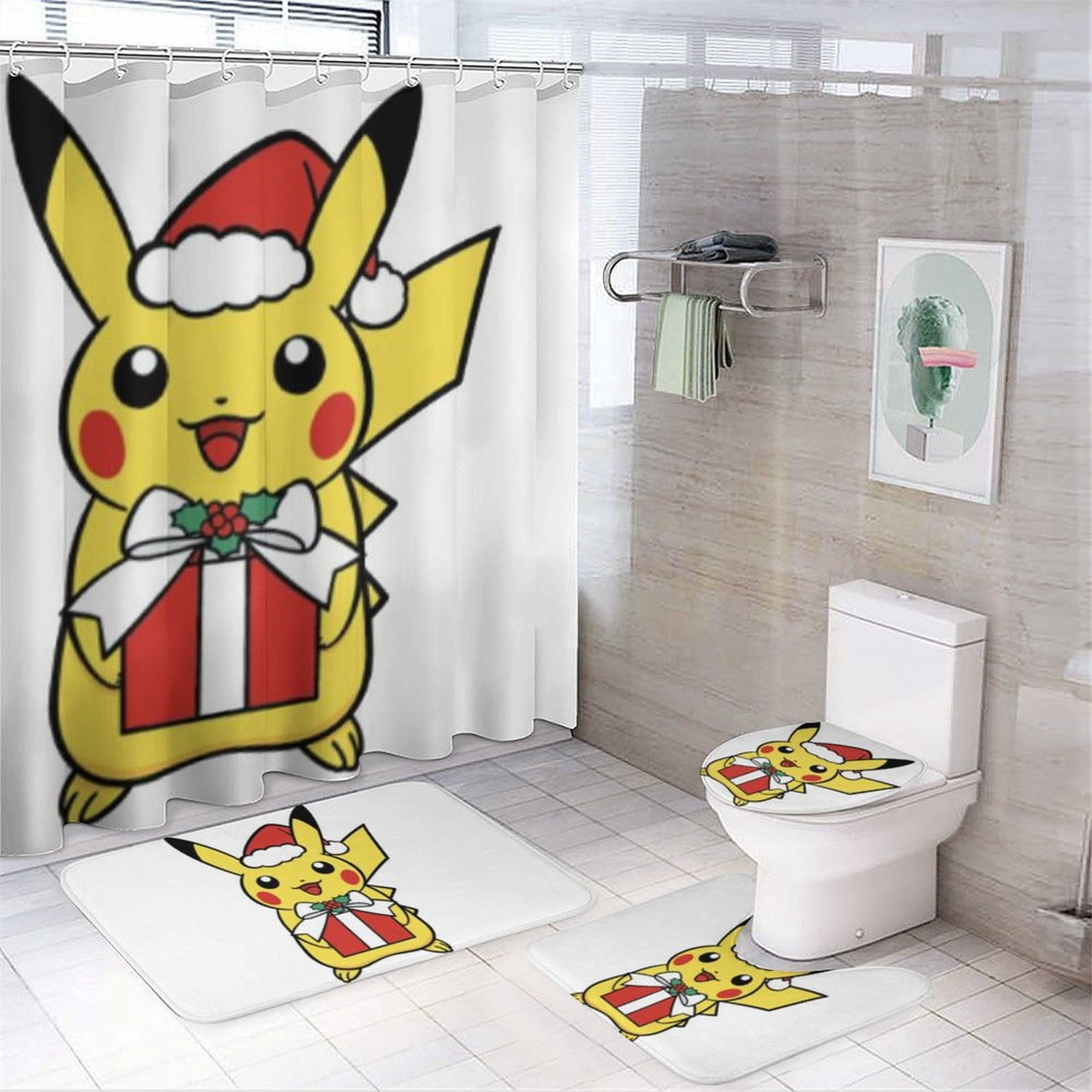 Pikachu Cartoon Shower Curtain Set for Bathroom 4 Piece Bathroom ...
