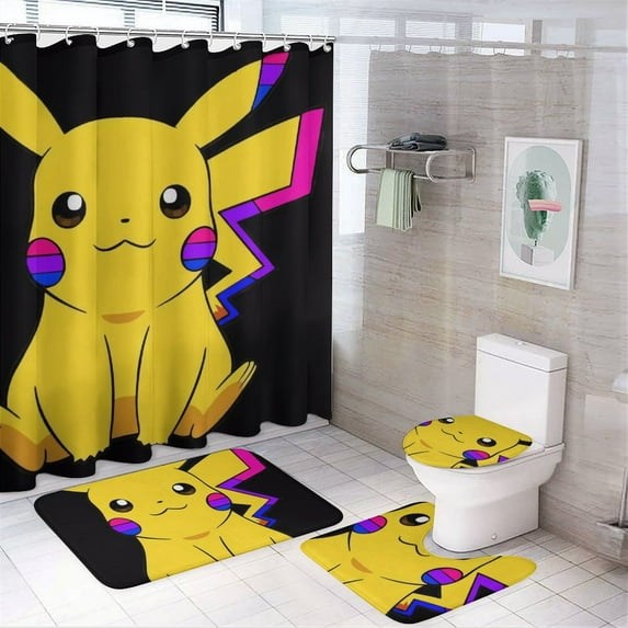 Pikachu Cartoon Shower Curtain Set for Bathroom 4 Piece Bathroom ...