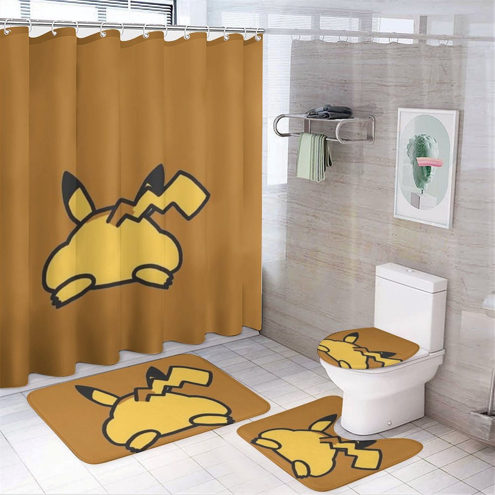 Pikachu Cartoon Shower Curtain Set for Bathroom 4 Piece Bathroom ...