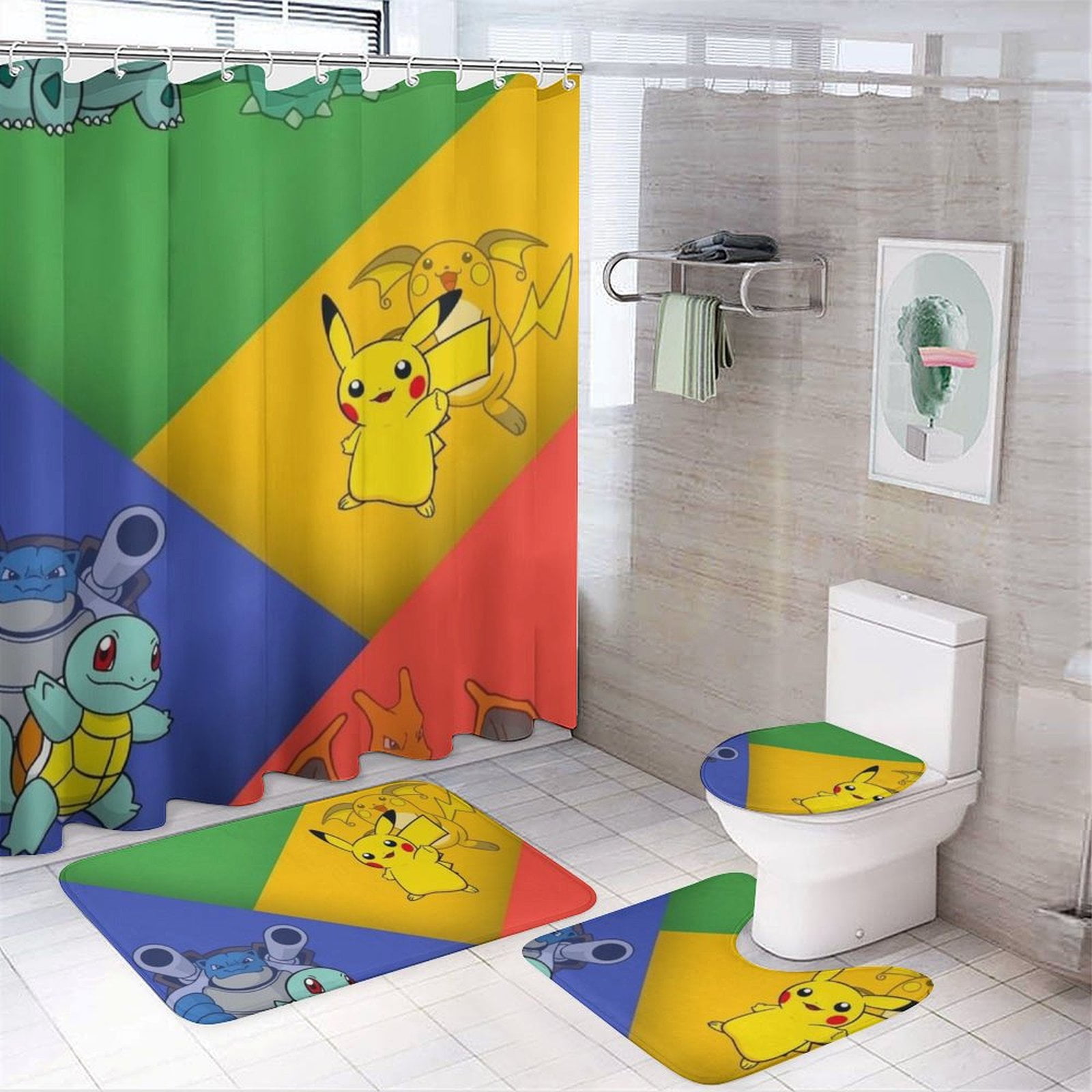 Pikachu Cartoon Shower Curtain Set for Bathroom 4 Piece Bathroom ...