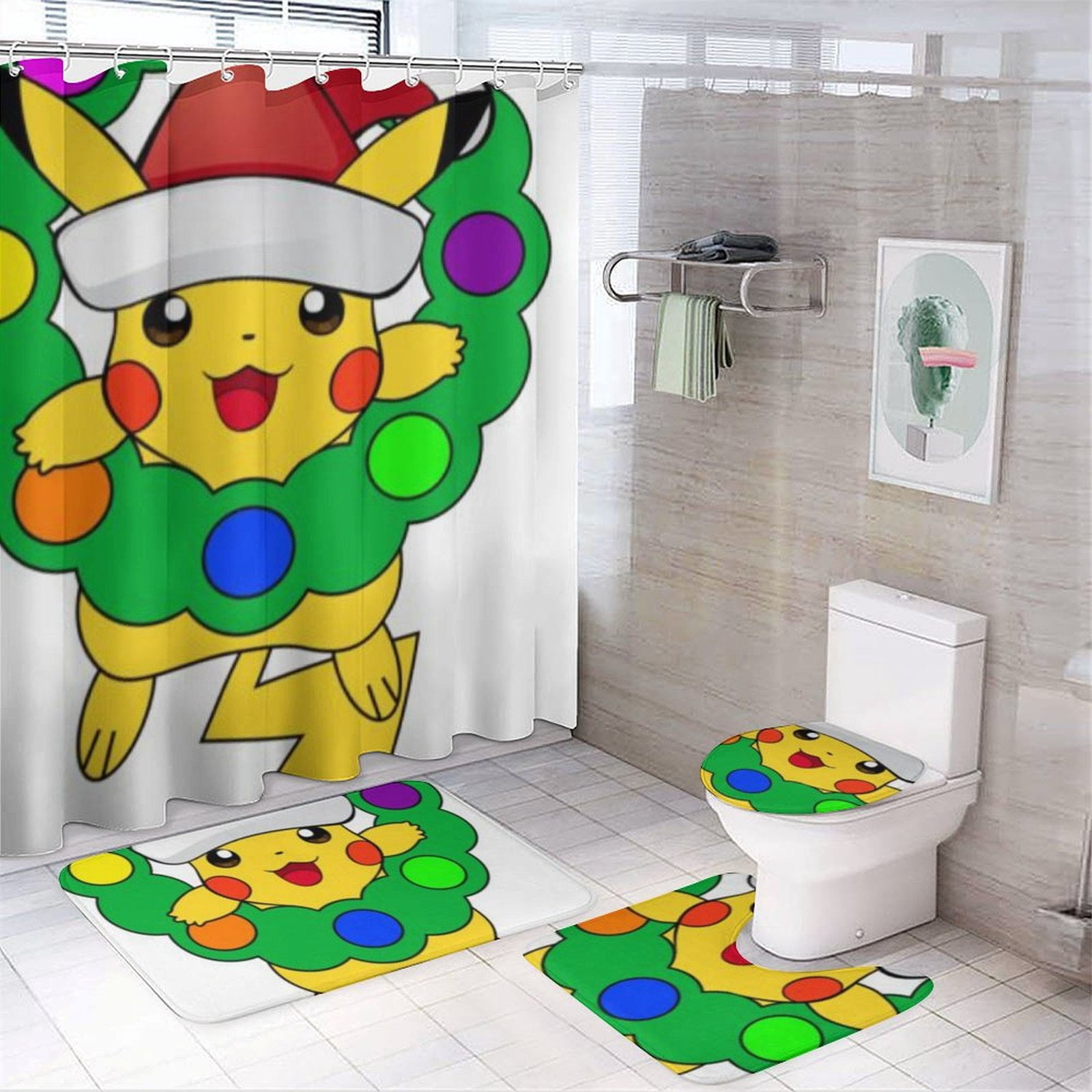 Pikachu Cartoon Shower Curtain Set for Bathroom 4 Piece Bathroom ...