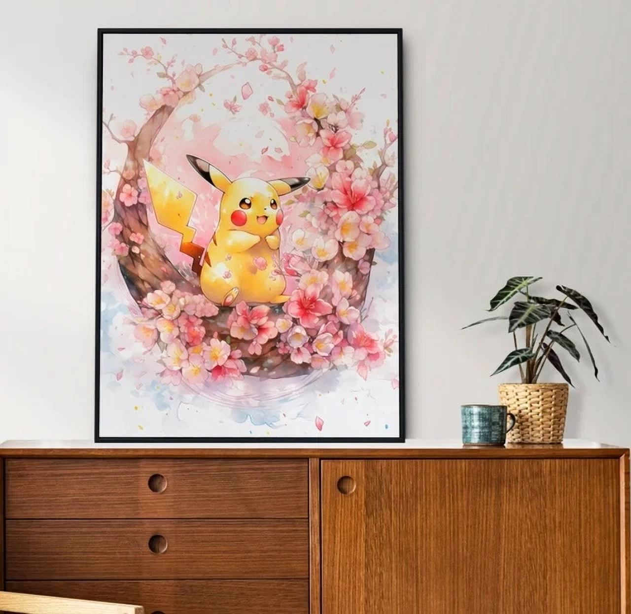 Pikachu, Cherry Blossom, Pokemon, Japanese Tapestry Style, Anime Poster ...