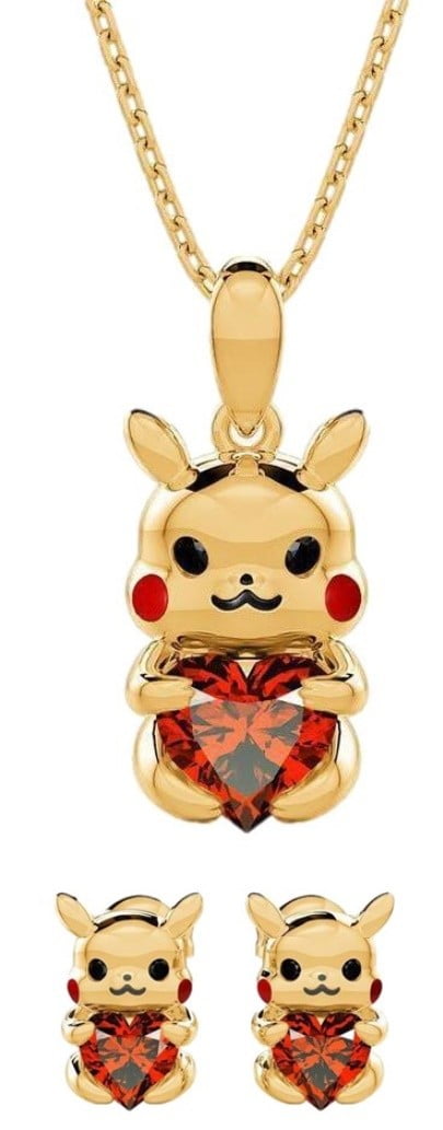 Pikachu Goldtone Pendant With Red Faux Stones Necklace and Earring Set ...