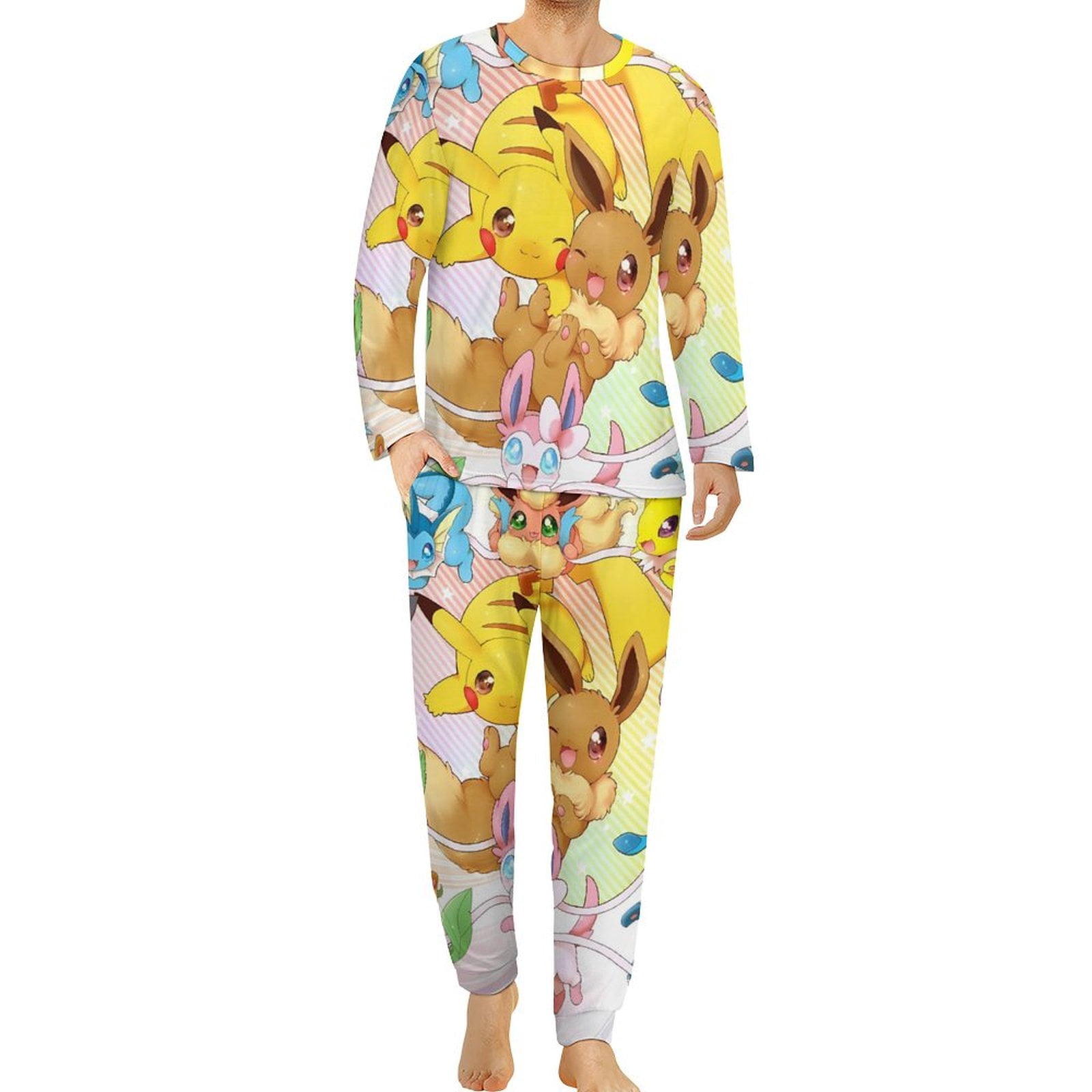 Pikachu Men's Long Sleeve Pajama，Soft Sleepwear Pjs Long for ...