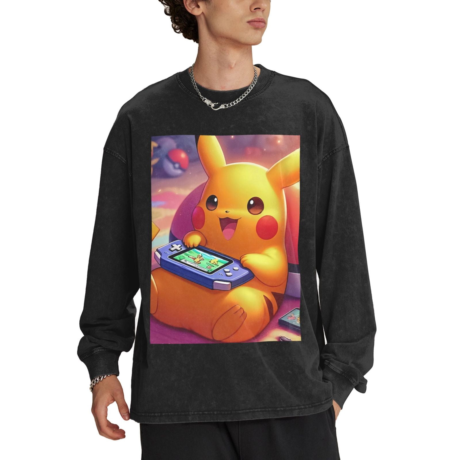 Pikachu Playing Pokemon Long Sleeve Shirt Men's Heavy Weight Crew Neck ...