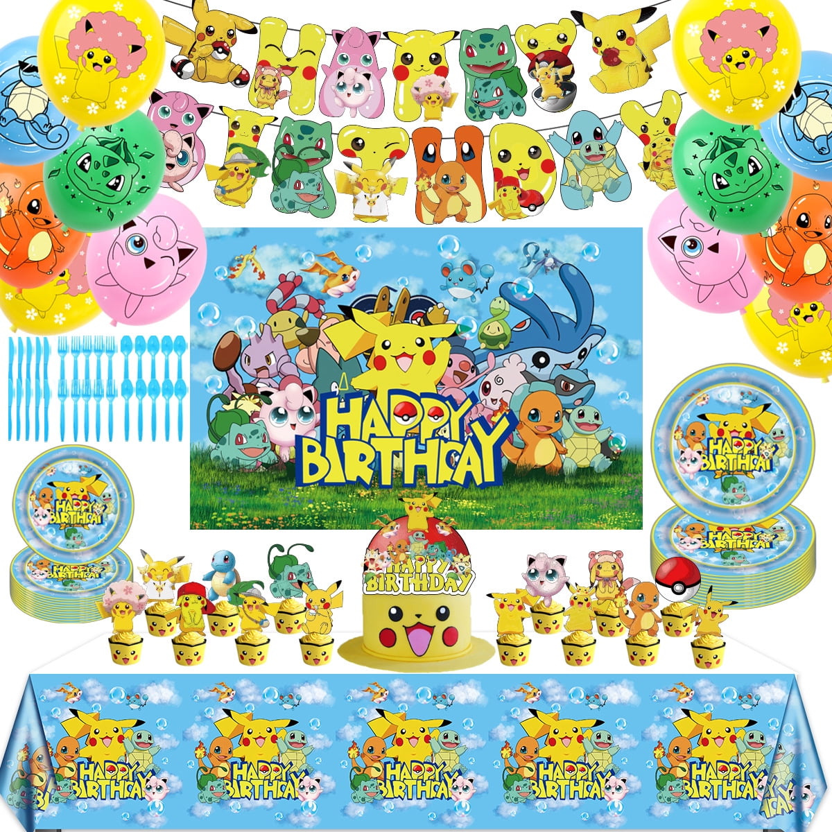 Pikachu Themed Party Supplies, 88PCS Birthday Decoration Set Includes ...