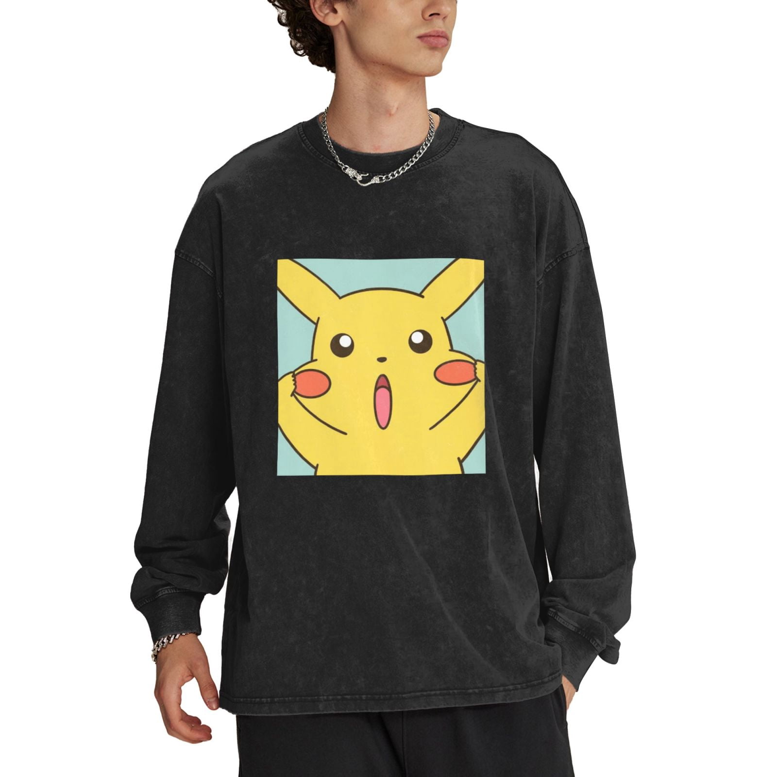 Pikachu pinch face Long Sleeve Shirt Men's Heavy Weight Crew Neck Long ...