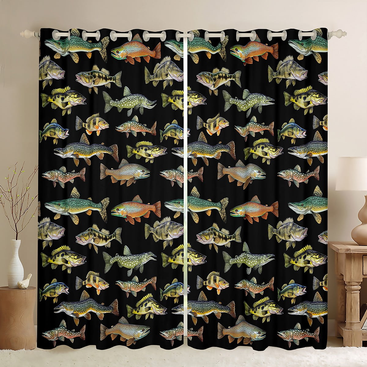Pike Fish 30%-50% Blackout Curtains, Retro Fishing Curtains, Fishing ...