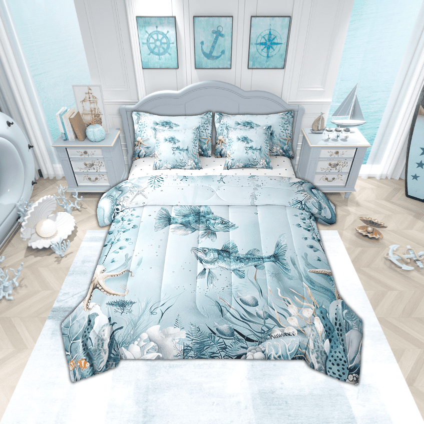 Pike Fish Comforter Set 7 Piece Bed in a Bag Twin,Teal Blue Ocean Beach ...