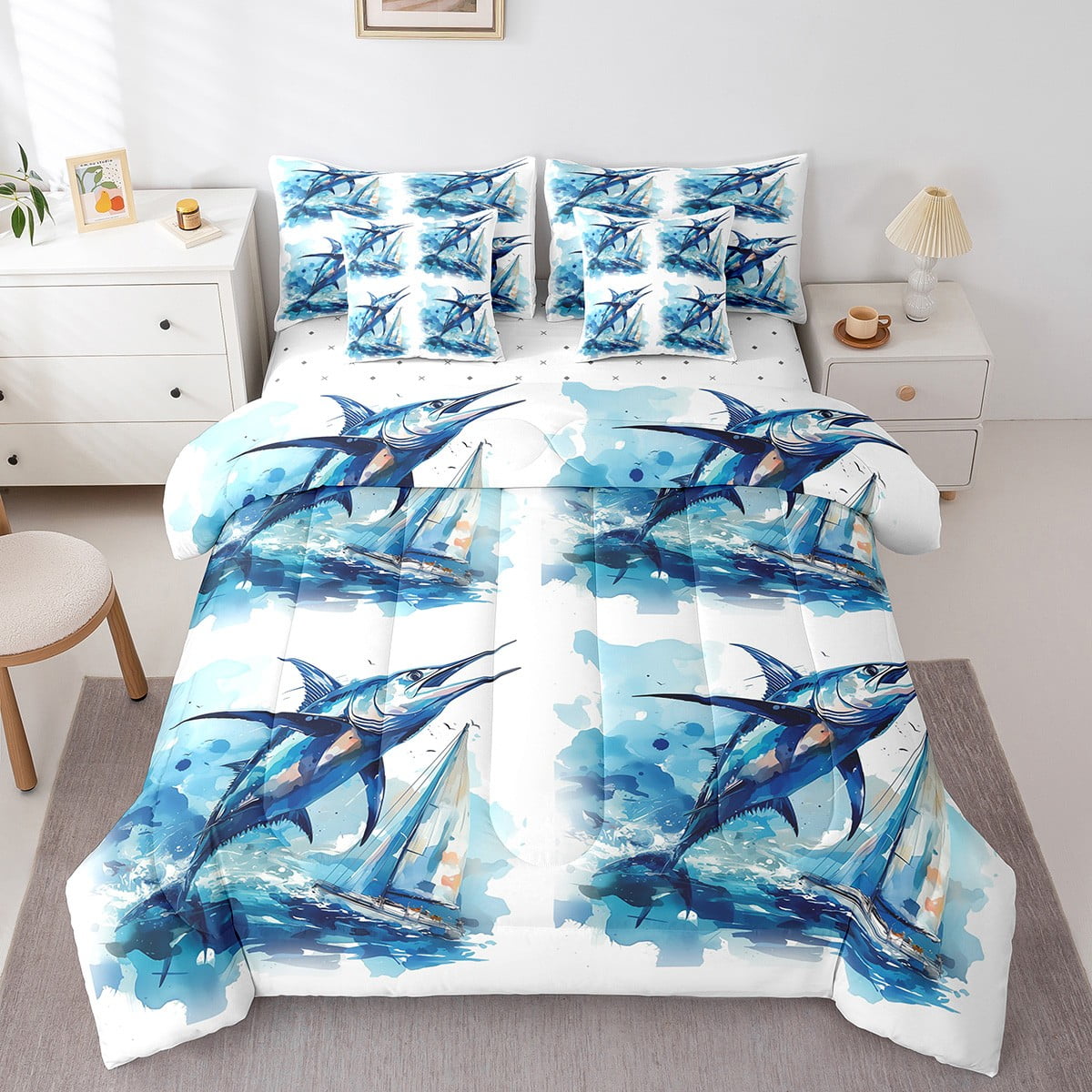 Pike Fish Comforter Set Full Size Blue Ocean Animal Marine Life Bedding ...