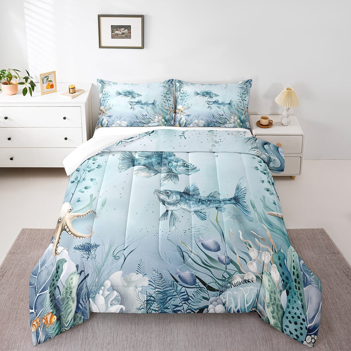Pike Fish Comforter Set Teal Blue Ocean Beach Coastal Queen Bedding ...