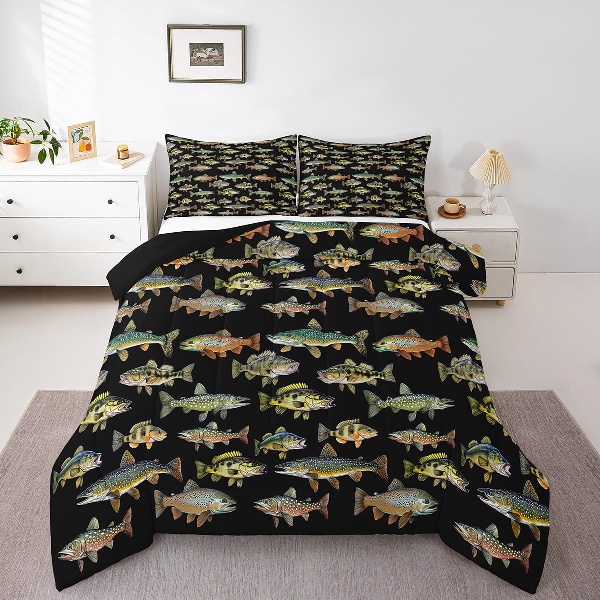 Pike Fish Queen Comforter Set, Retro Fishing Bed Set, Fishing And ...