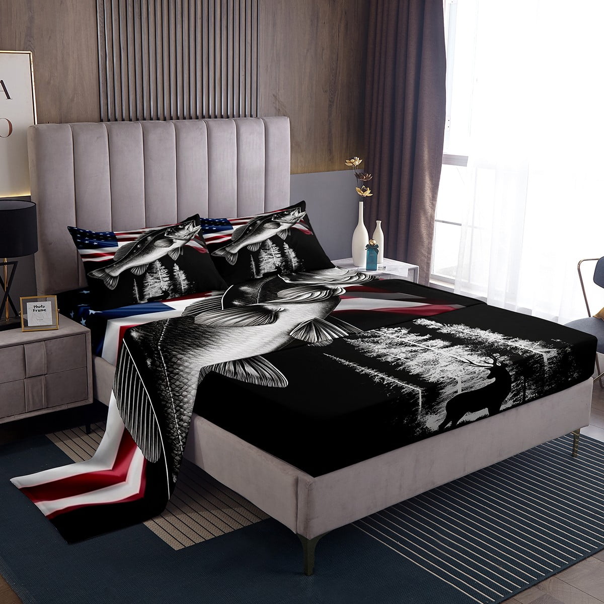 Pike Fish Sheets Twin Size American Flag Deer Bed Sheets Hunting Deer ...