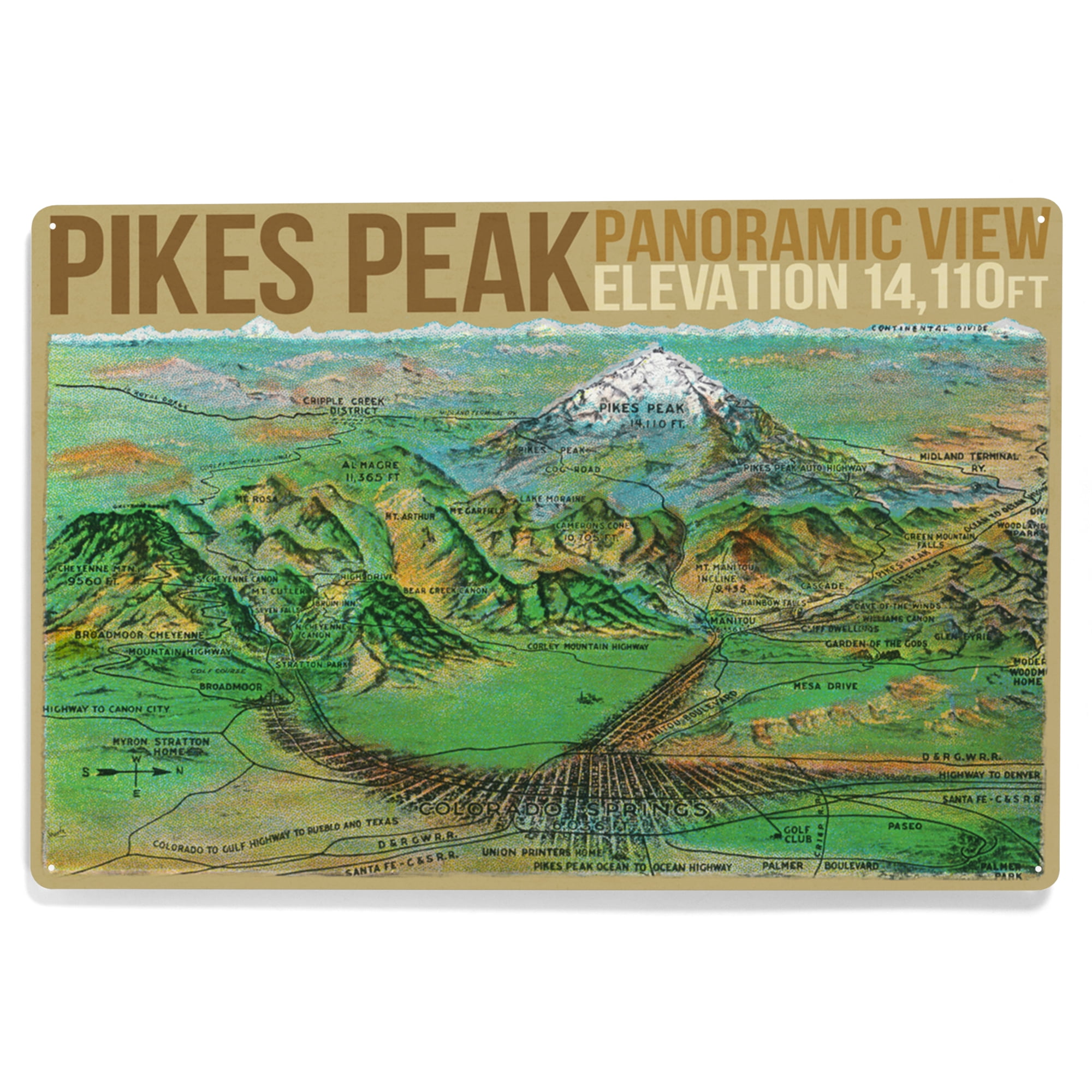Pikes Peak and the Region, Colorado, Panoramic Map (12x18 Aluminum Art ...