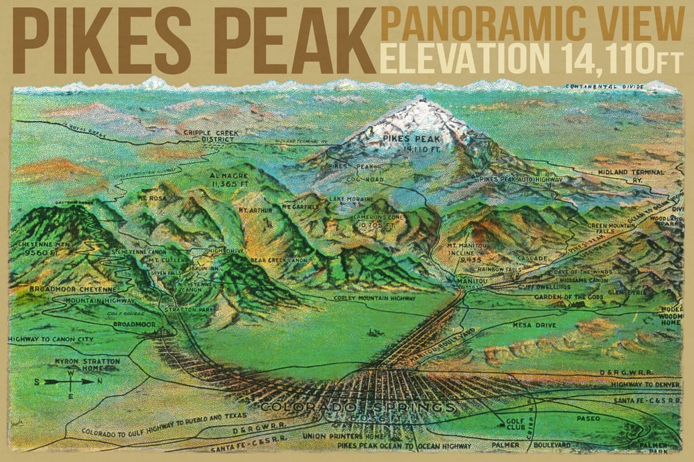 Pikes Peak and the Region, Colorado, Panoramic Map (16x24 Giclee ...