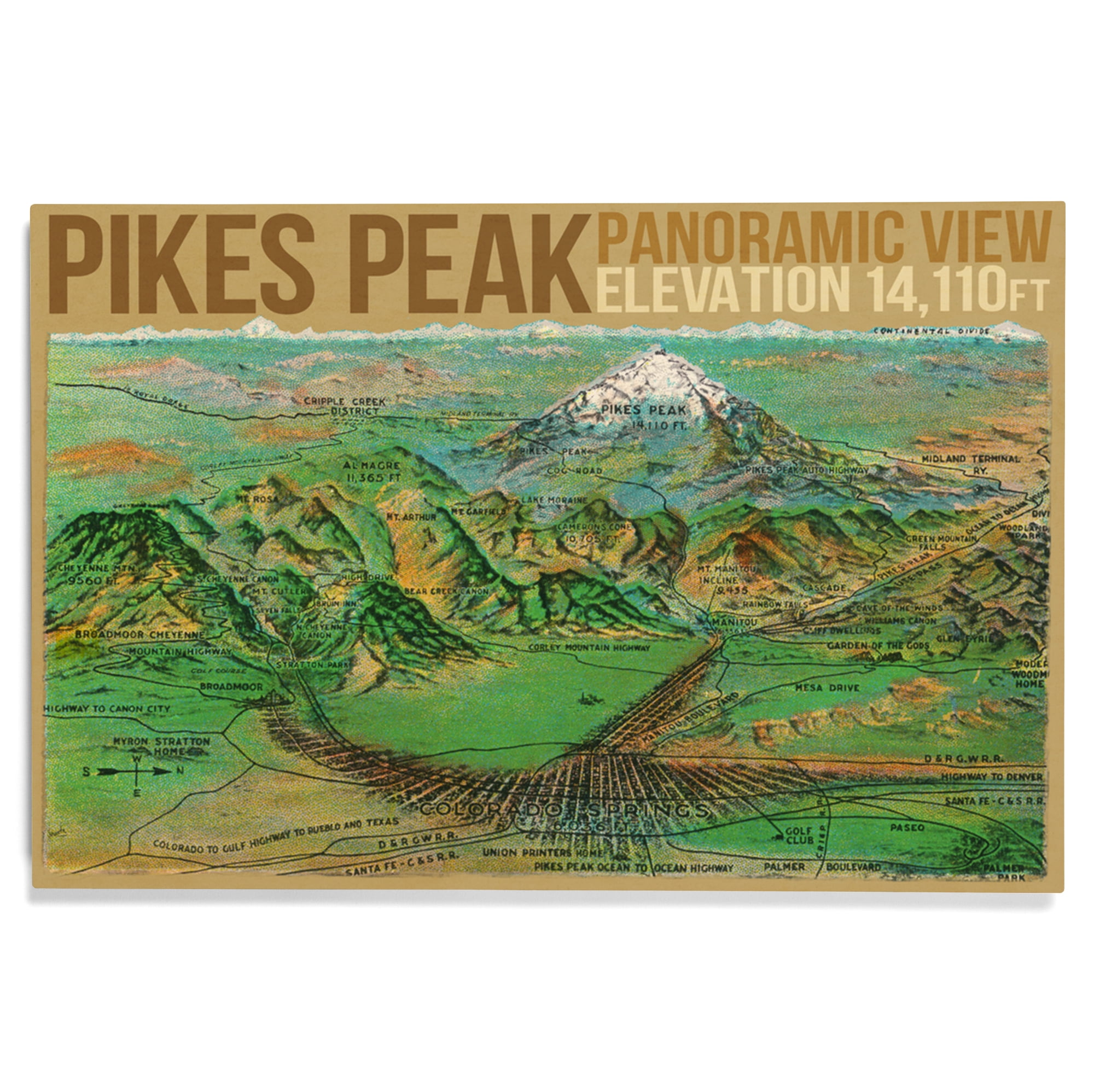 Pikes Peak and the Region, Colorado, Panoramic Map Birch Wood Wall Sign ...
