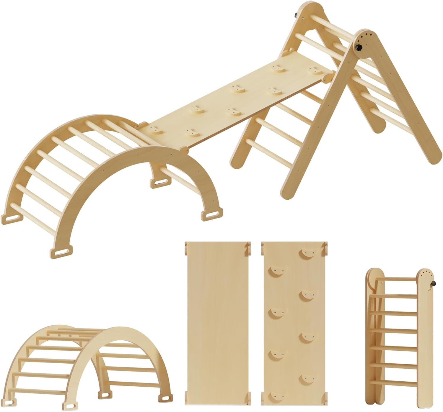 Pikler Triangle Set, 7 in 1 Wooden Montessori Climbing Set with Ramp ...
