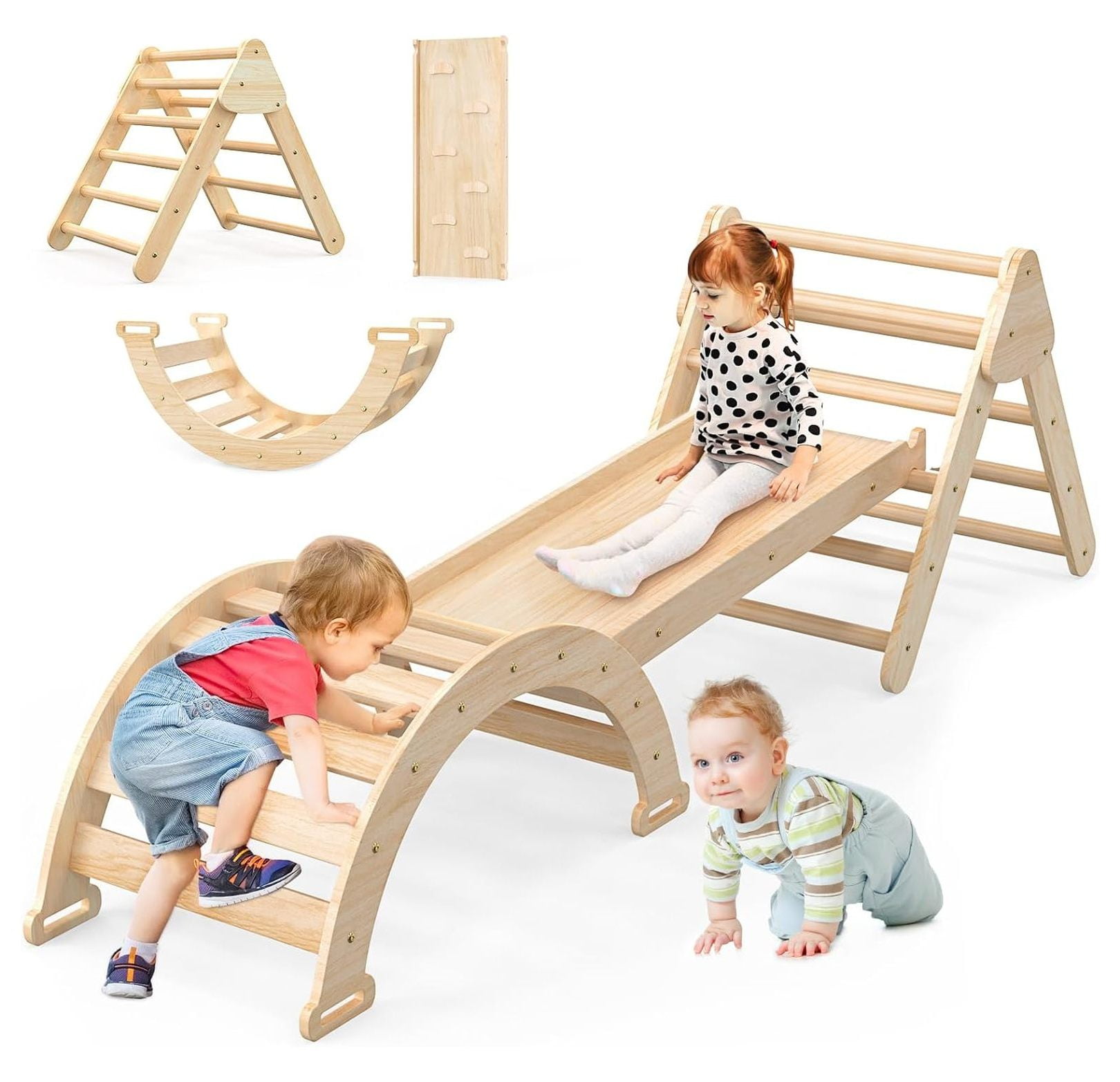 Pikler Triangle Set for Baby Climbing Toys 7 in 1 Foldable Wooden ...