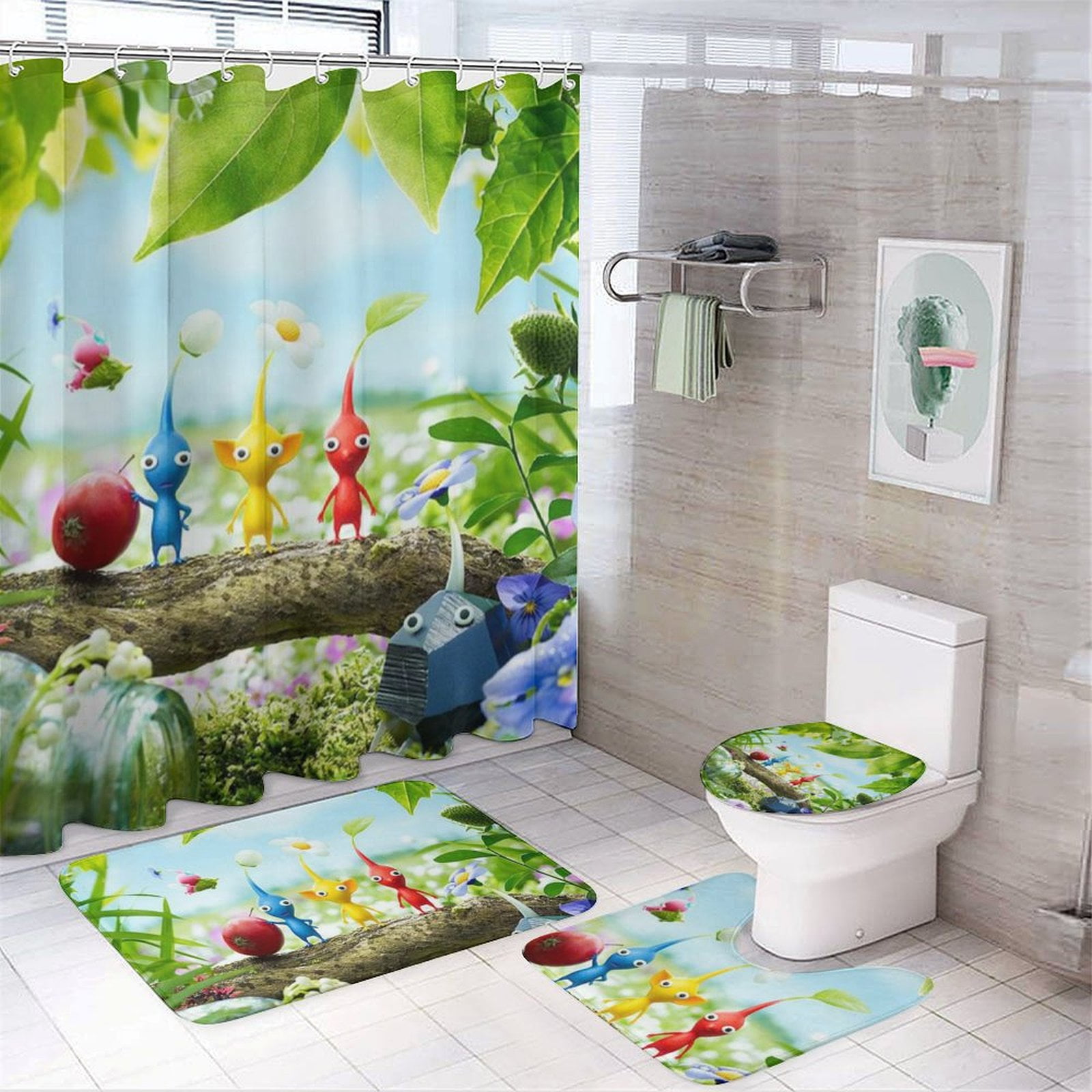Pikmin Shower Curtain Sets 4 Piece Bathroom Set Shower Curtain Non-Slip ...