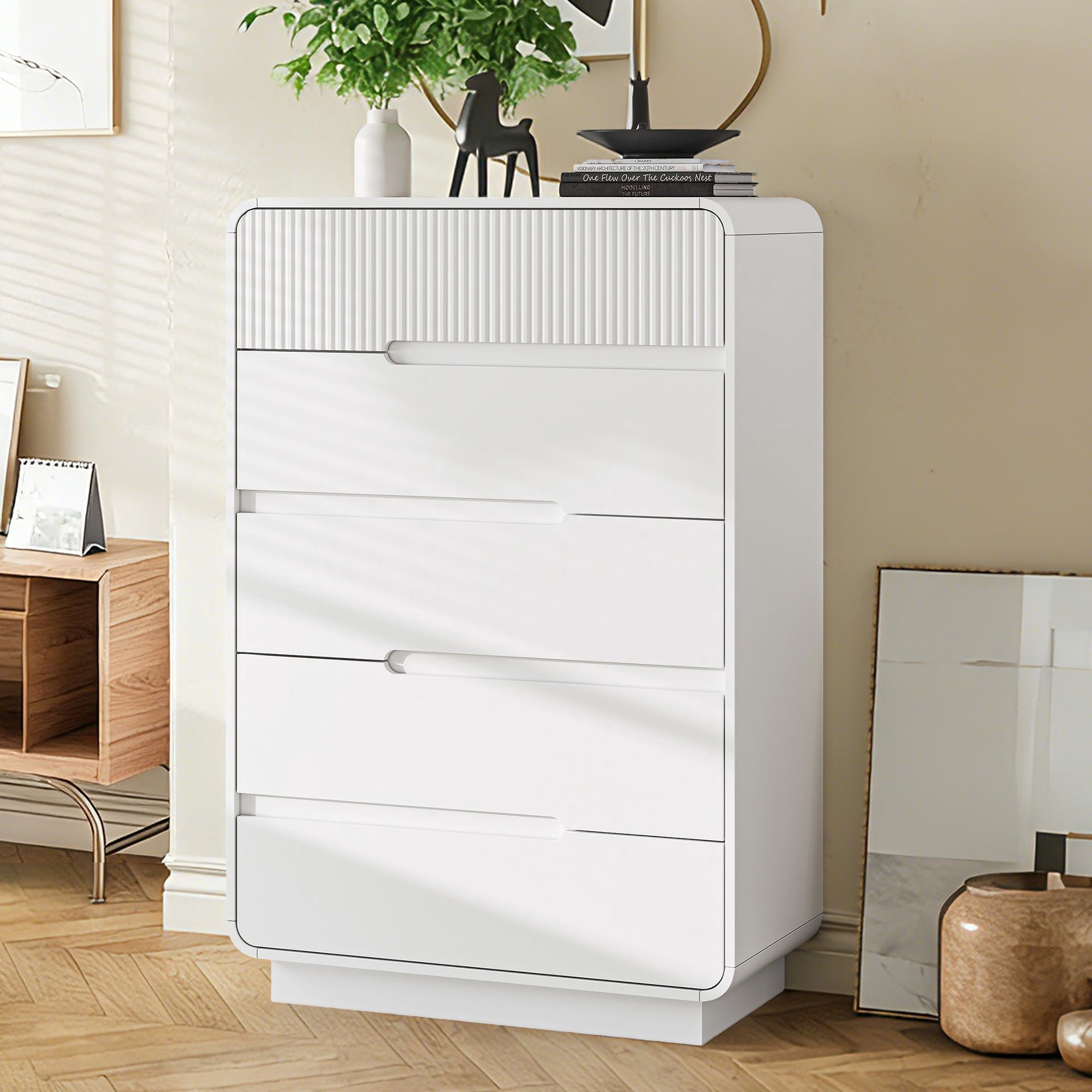 Pikvki 5 Drawer Dresser, Modern Fluted Wood Chest of Drawers with Anti ...