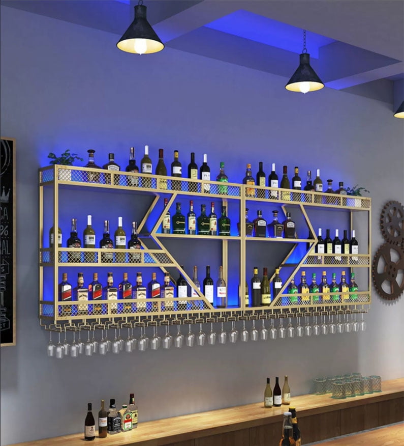 Pikysailed 59in Modern Wall Mounted Wine Rack w/ LED Light, Metal Bar ...