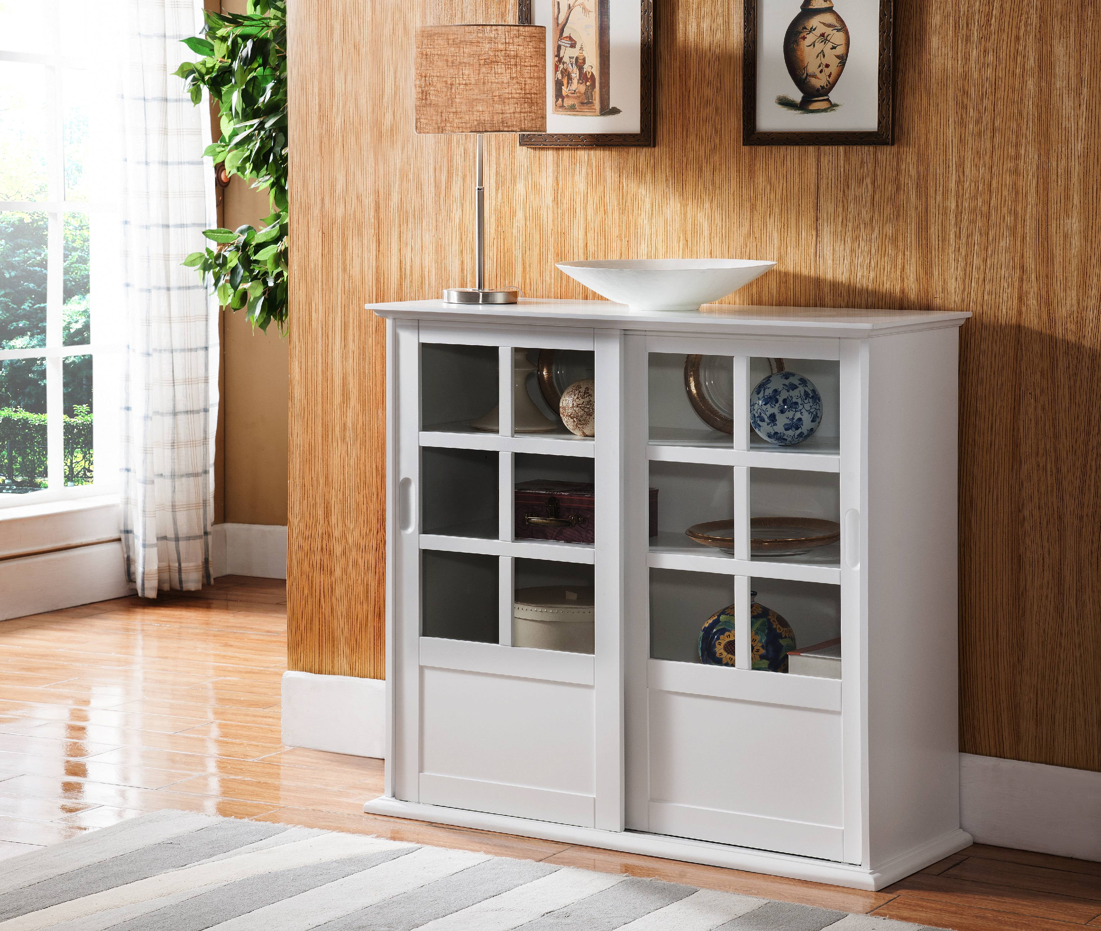 Pilaster Designs Nolan White Wood Curio Cabinet, Glass Sliding Doors ...