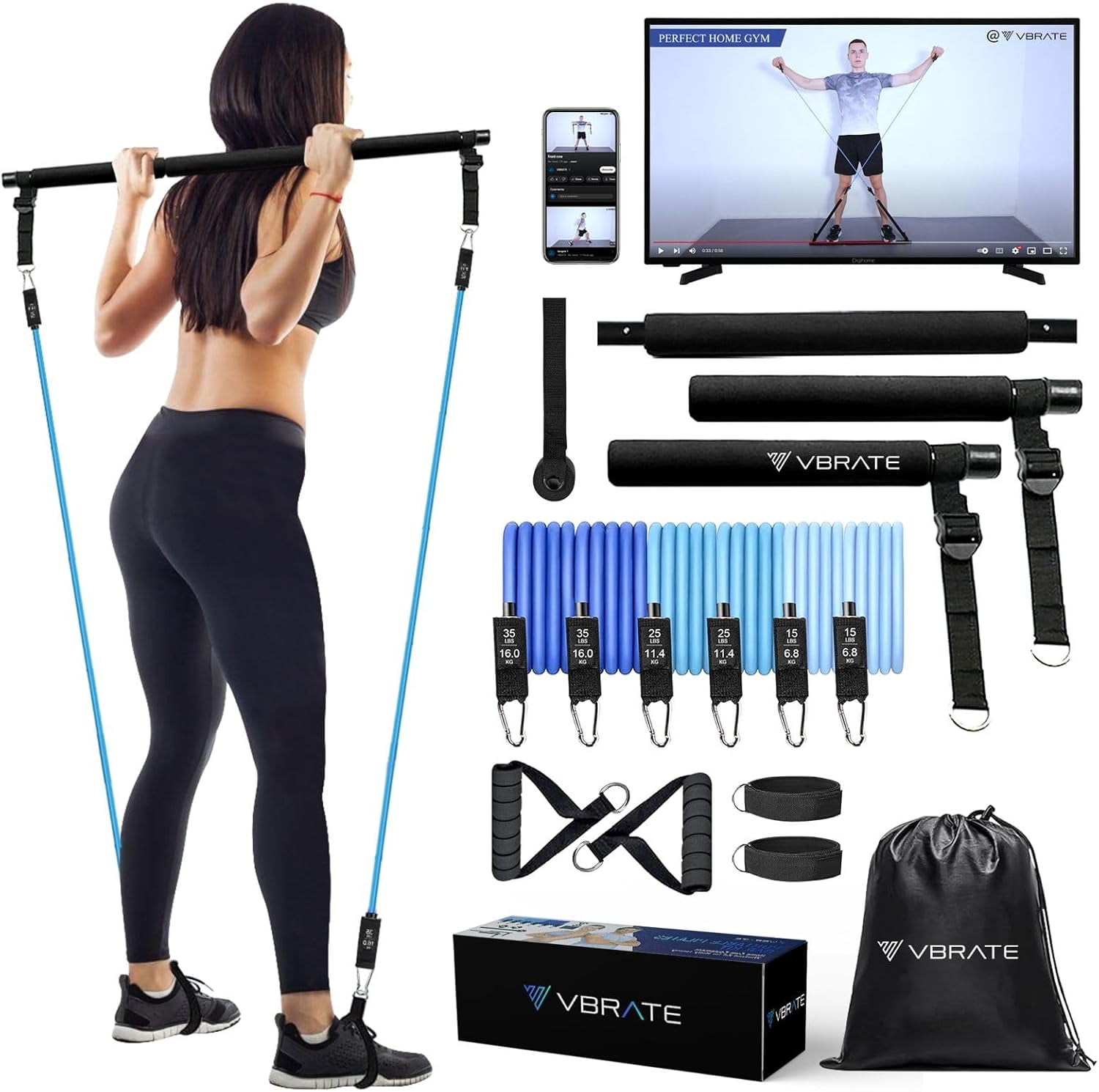 Pilates Bar Kit with 6 Resistance Bands - Multifunctional Yoga Bar for ...