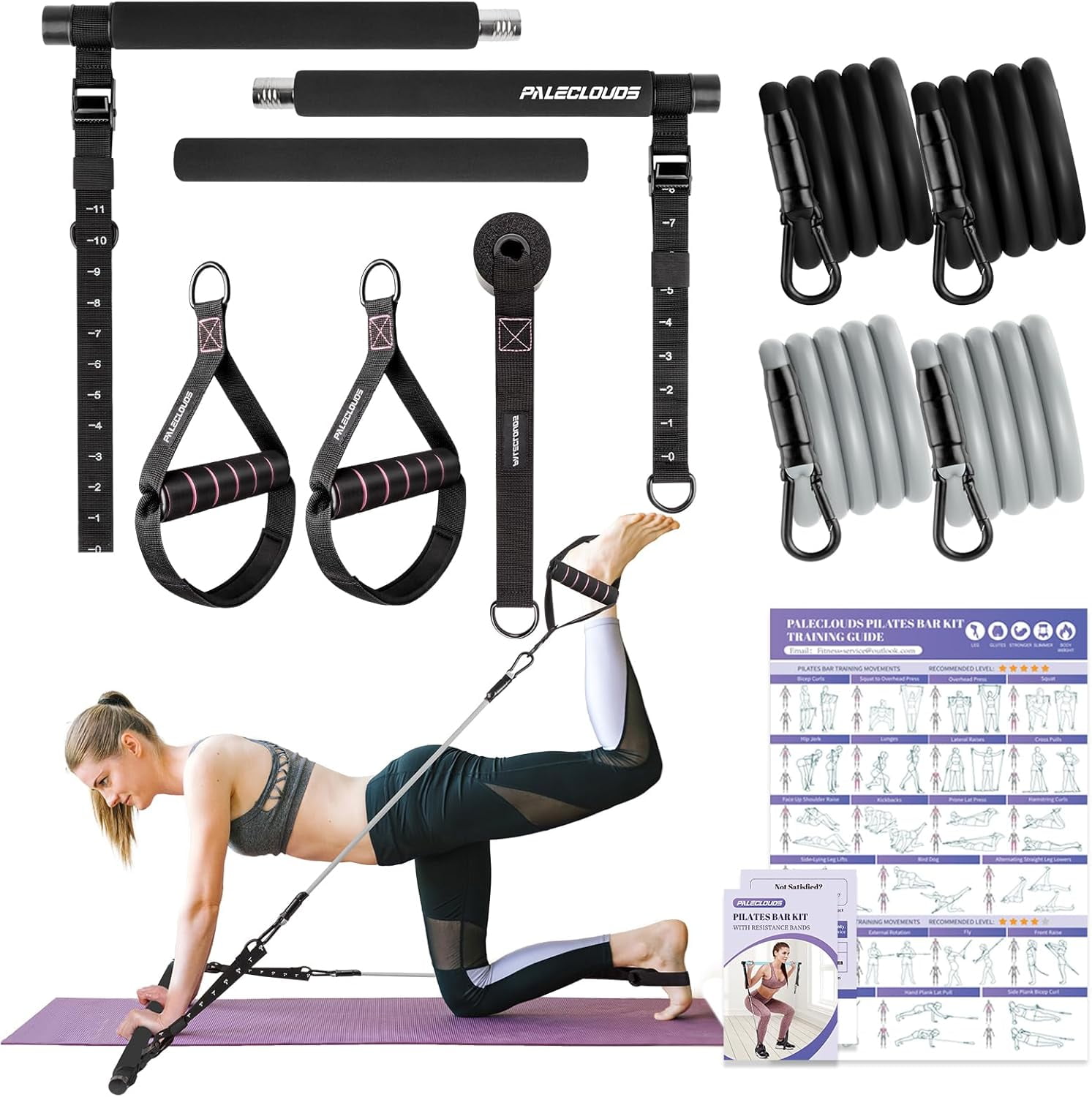 Pilates Bar Kit with Resistance Bands, 3-Section Pilates Bar with Clear ...