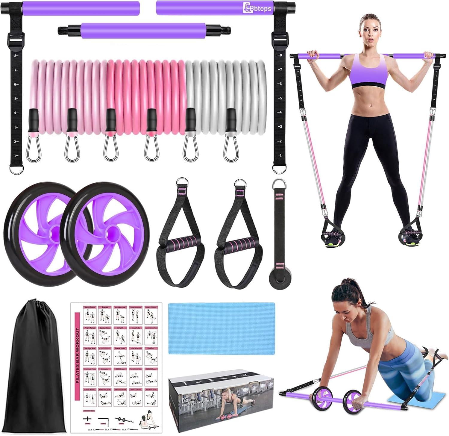 Pilates Bar Kit with Resistance Bands,Ab Roller,2 in 1 Foot Strap ...