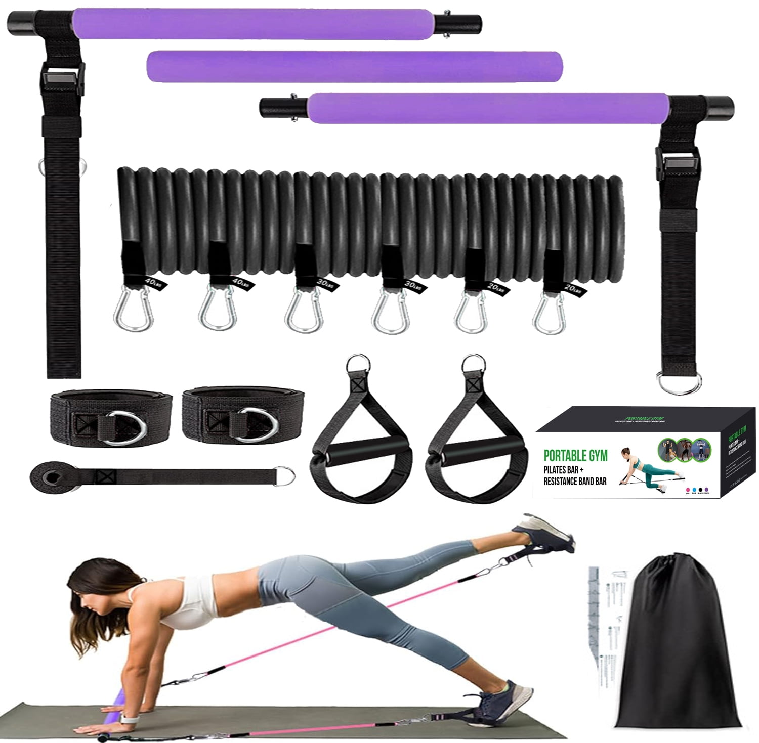 ZFITEI Pilates Bar Kit Women Flexbands Steel & Foam with 3 Resistance ...