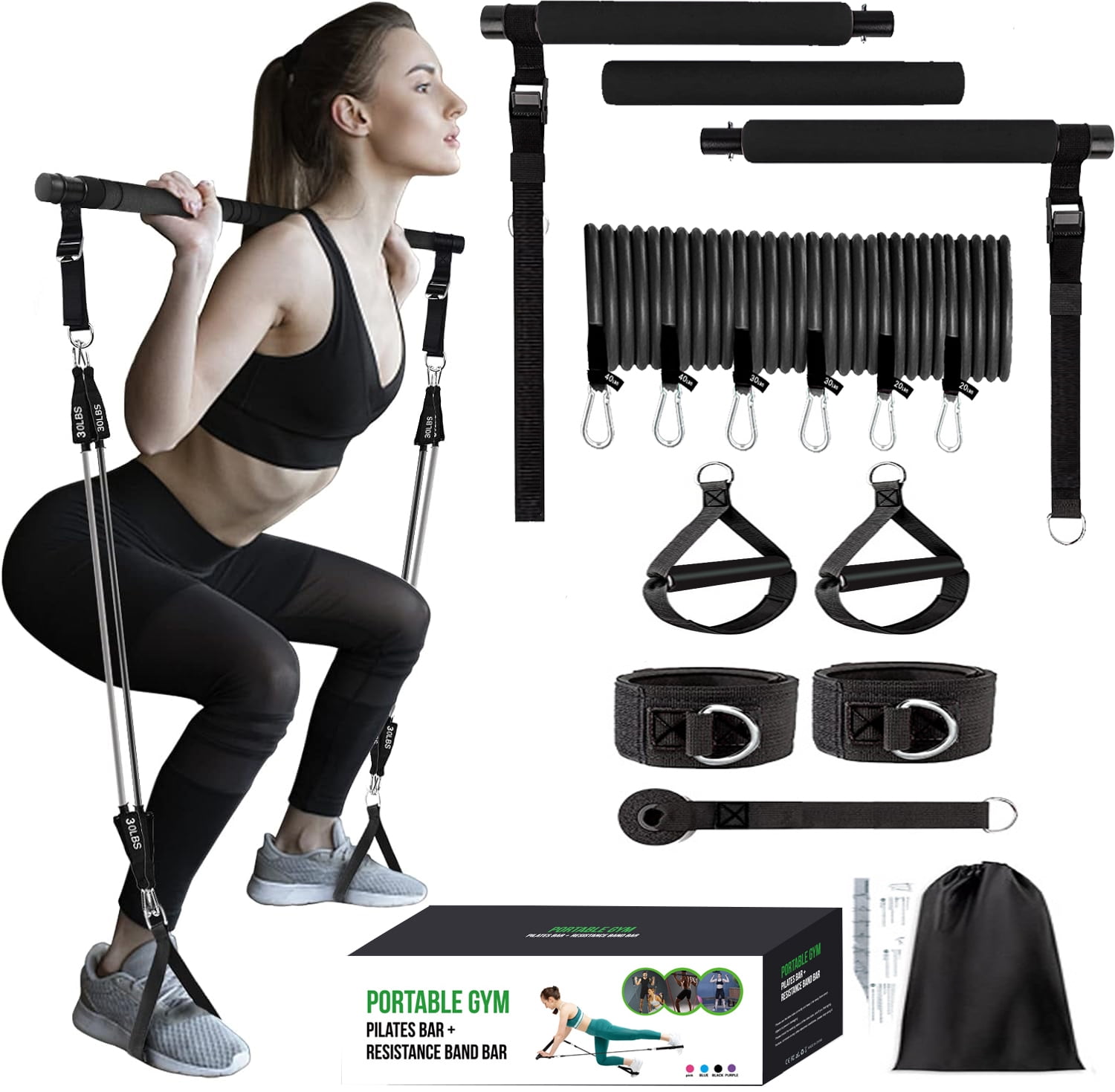 Adjustable Pilates Bar Kit with Resistance Bands, Full Body Workout ...