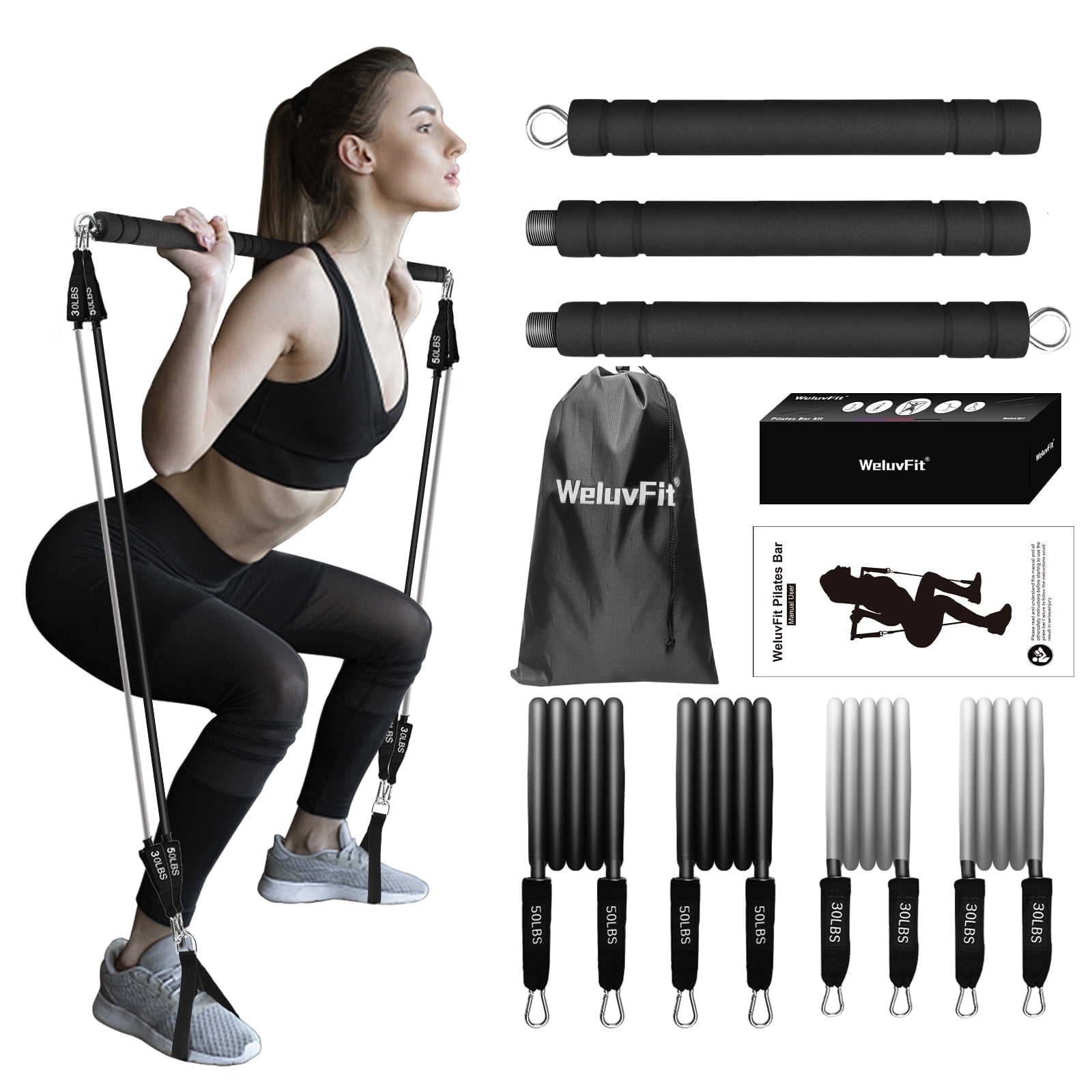 Pilates Bar Kit with Resistance Bands, WeluvFit Exercise Fitness ...
