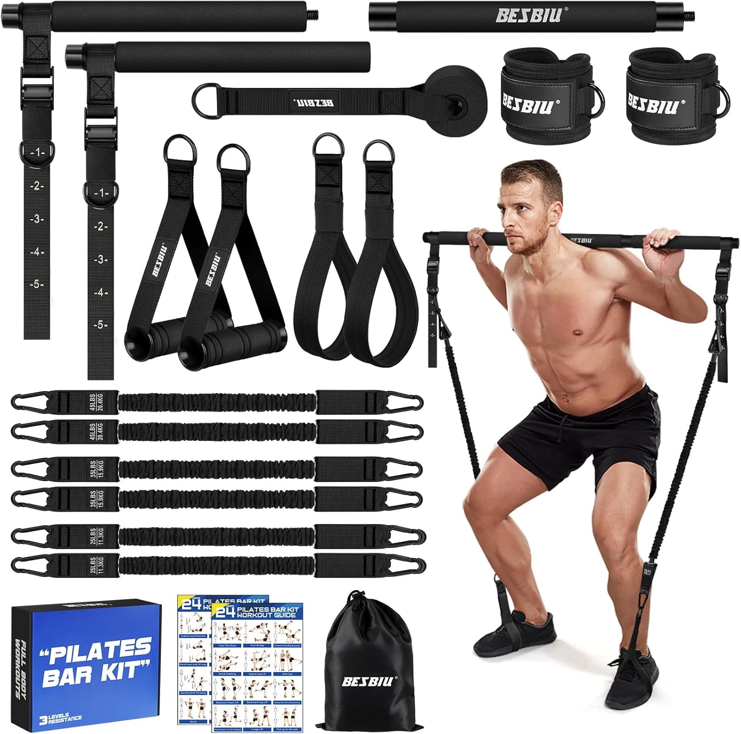 Pilates Bar Kit with Resistance Bands for Working Out, 210lbs Heavy ...