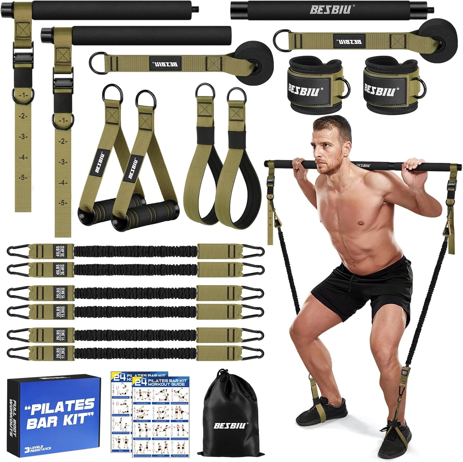 Pilates Bar Kit with Resistance Bands for Working Out, 210lbs Heavy ...