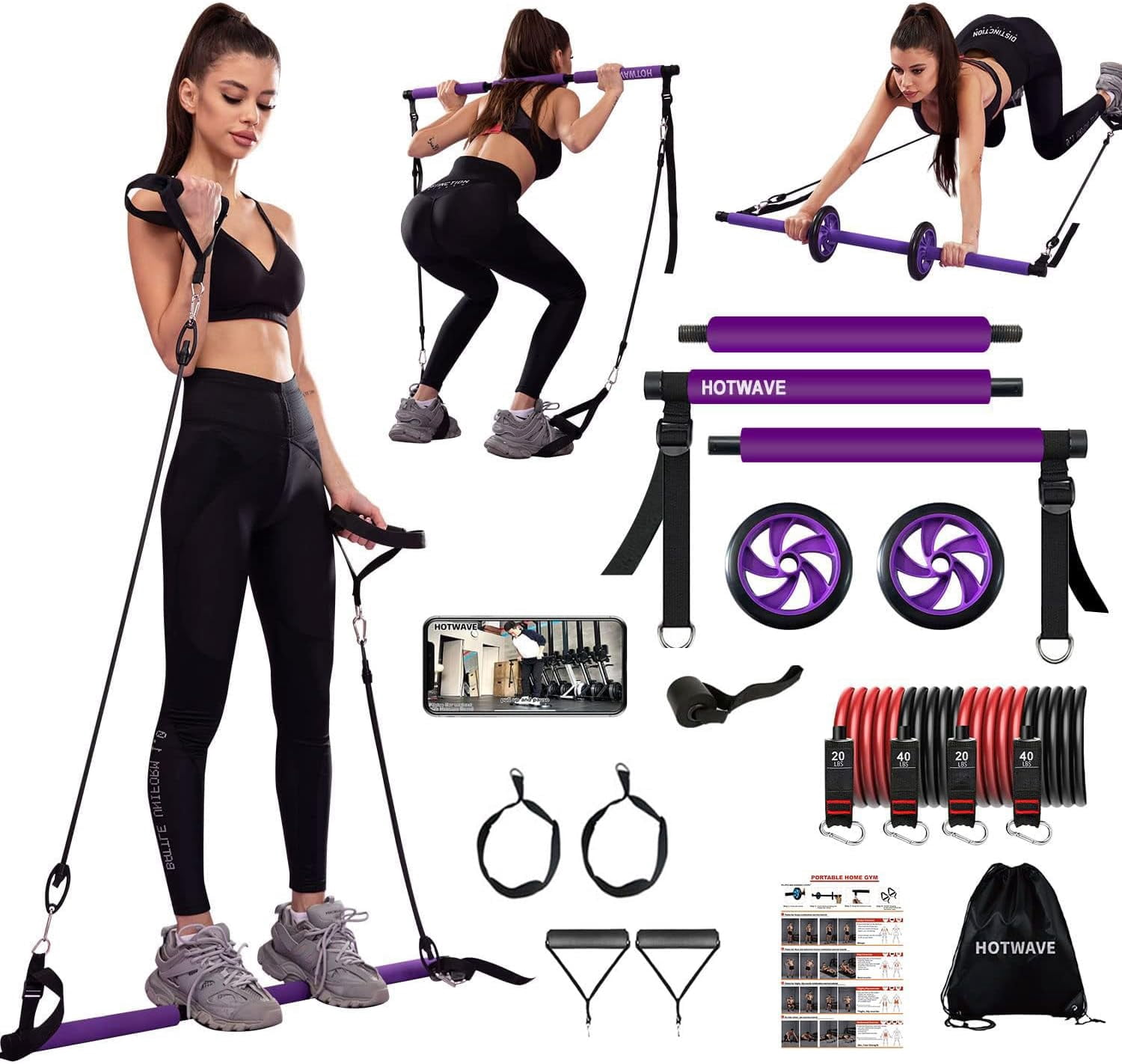 Pilates Bar Kit with Resistance Bands, Exercise Bar with AB Roller,Yoga ...