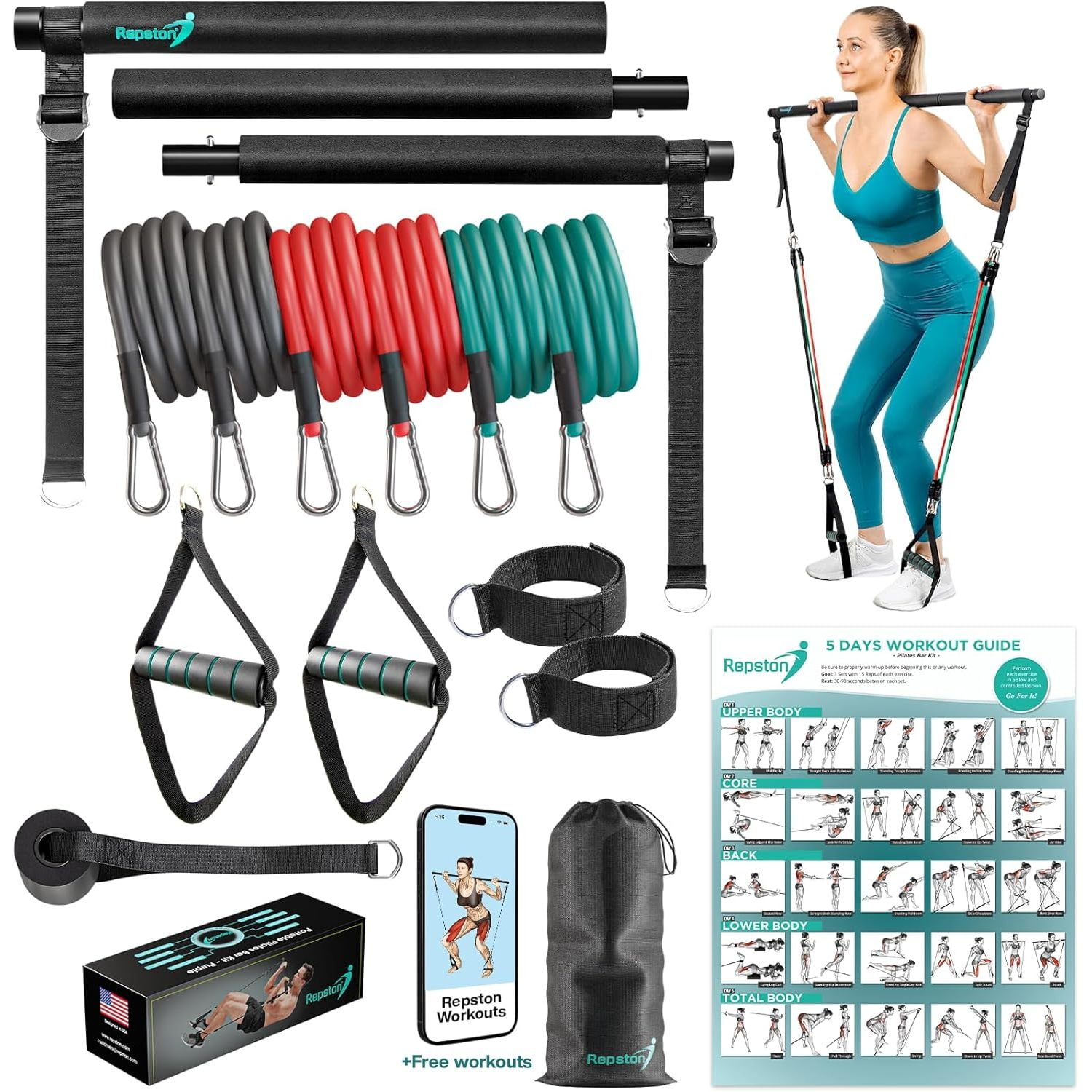 Pilates Bar Kit with Resistance Bands - Home Gym Equipment - Workout ...