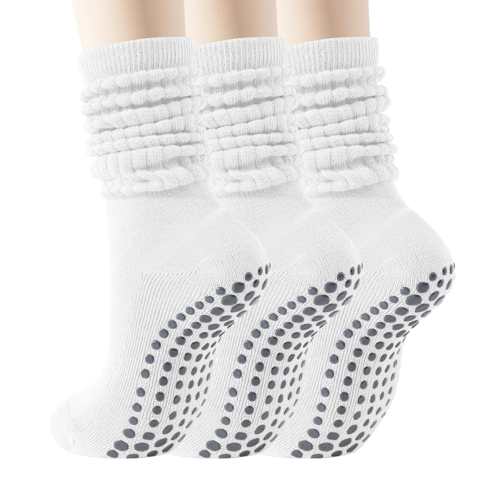 Pilates Socks with Grips for Women, 3 Pairs Long Scrunch Non Slip Yoga ...