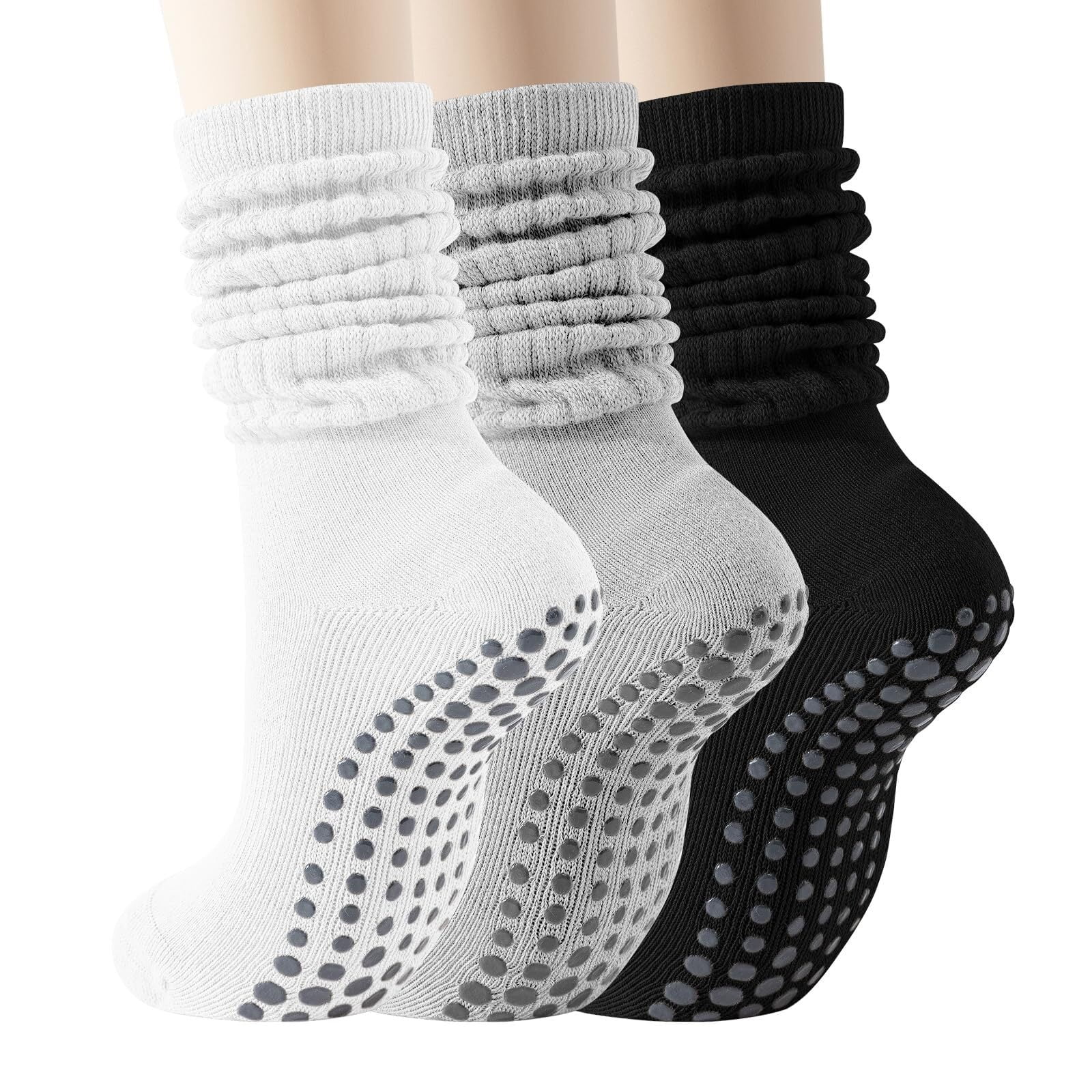 Pilates Socks with Grips for Women, 3 Pairs Long Scrunch Non Slip Yoga ...