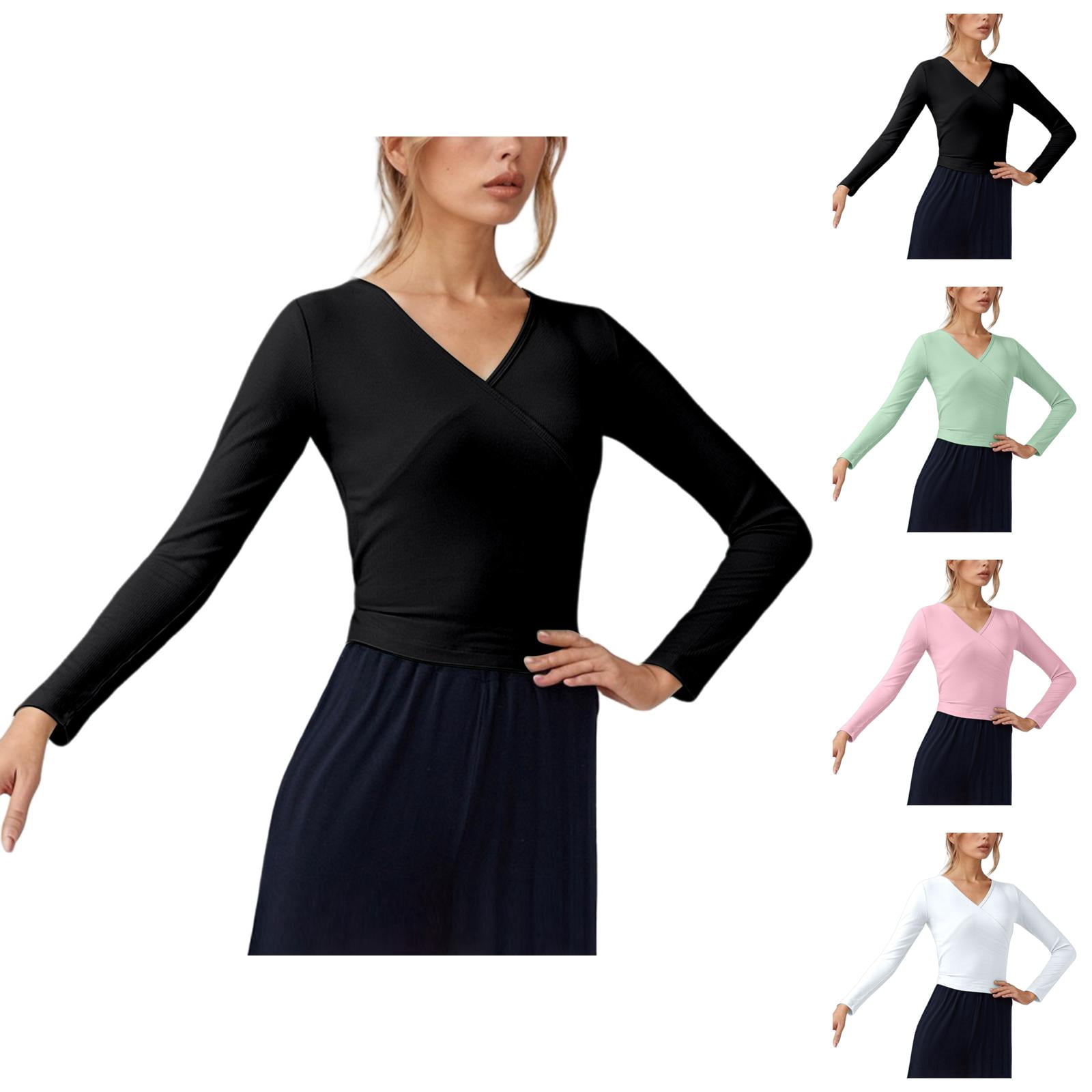 Pilates Wrap Top for Women 2025 Long Sleeve V-Neck Cross Wrap Back Tie ...