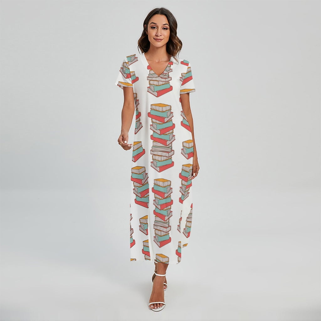 Pile Of Reading Books Pattern Printed Short Sleeve Maxi Dress, Book ...