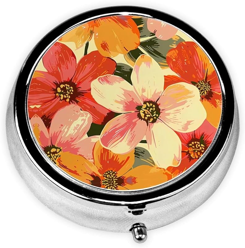 Pill Box, Small Pill Organizer with 3 Compartments and Mirror, Cute Round Portable Travel Metal ...