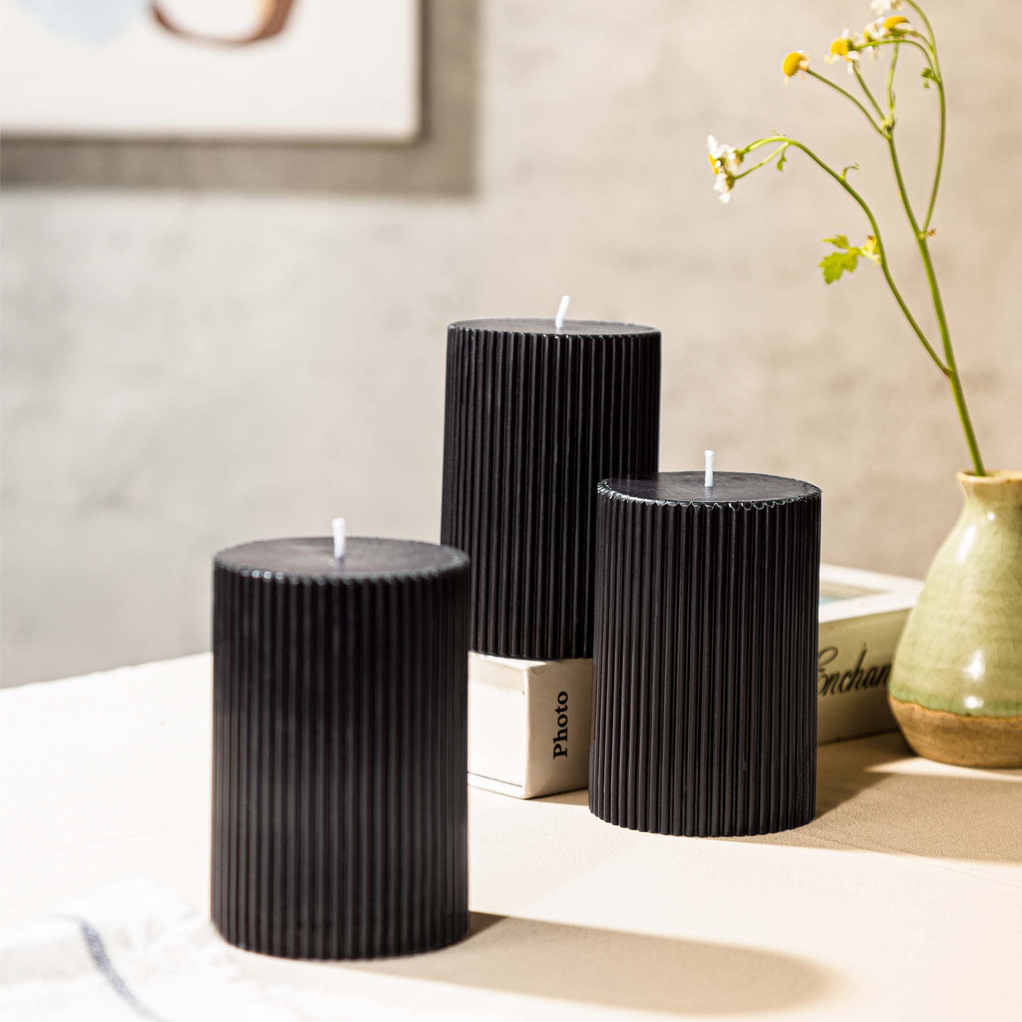 Pillar Candles 3x4'' Fluted Ribbed Column Modern Home Décor Handmade (3 ...