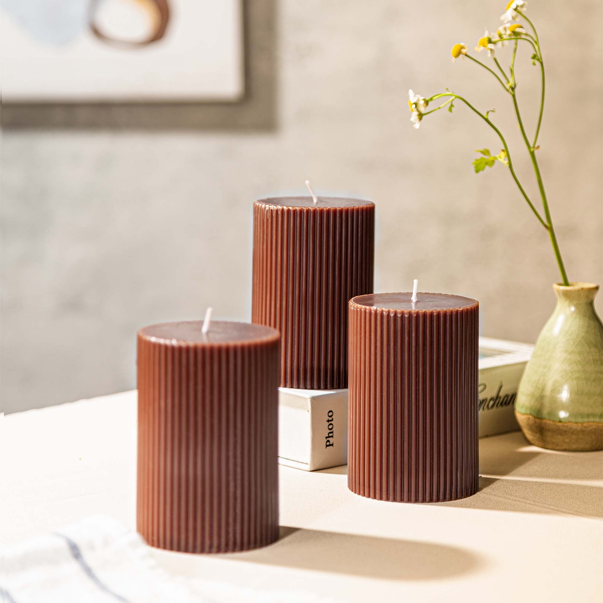 Handmade 3x4'' Fluted Ribbed Pillar Candles, Modern Home Décor, 3 Packs ...