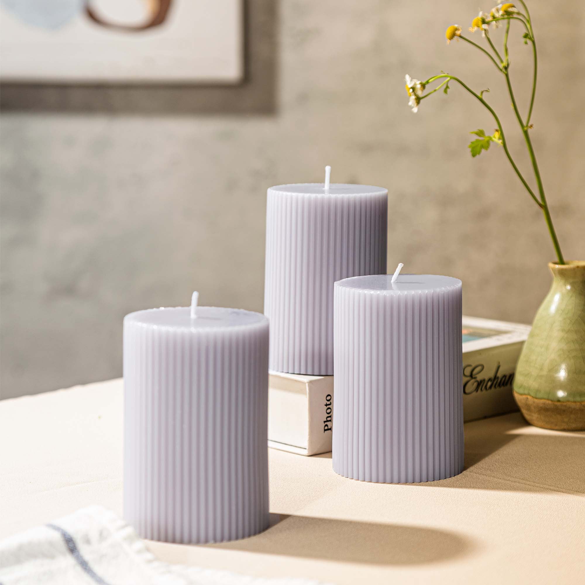 Pillar Candles 3x4'' Fluted Ribbed Column Modern Home Décor Handmade (3 ...