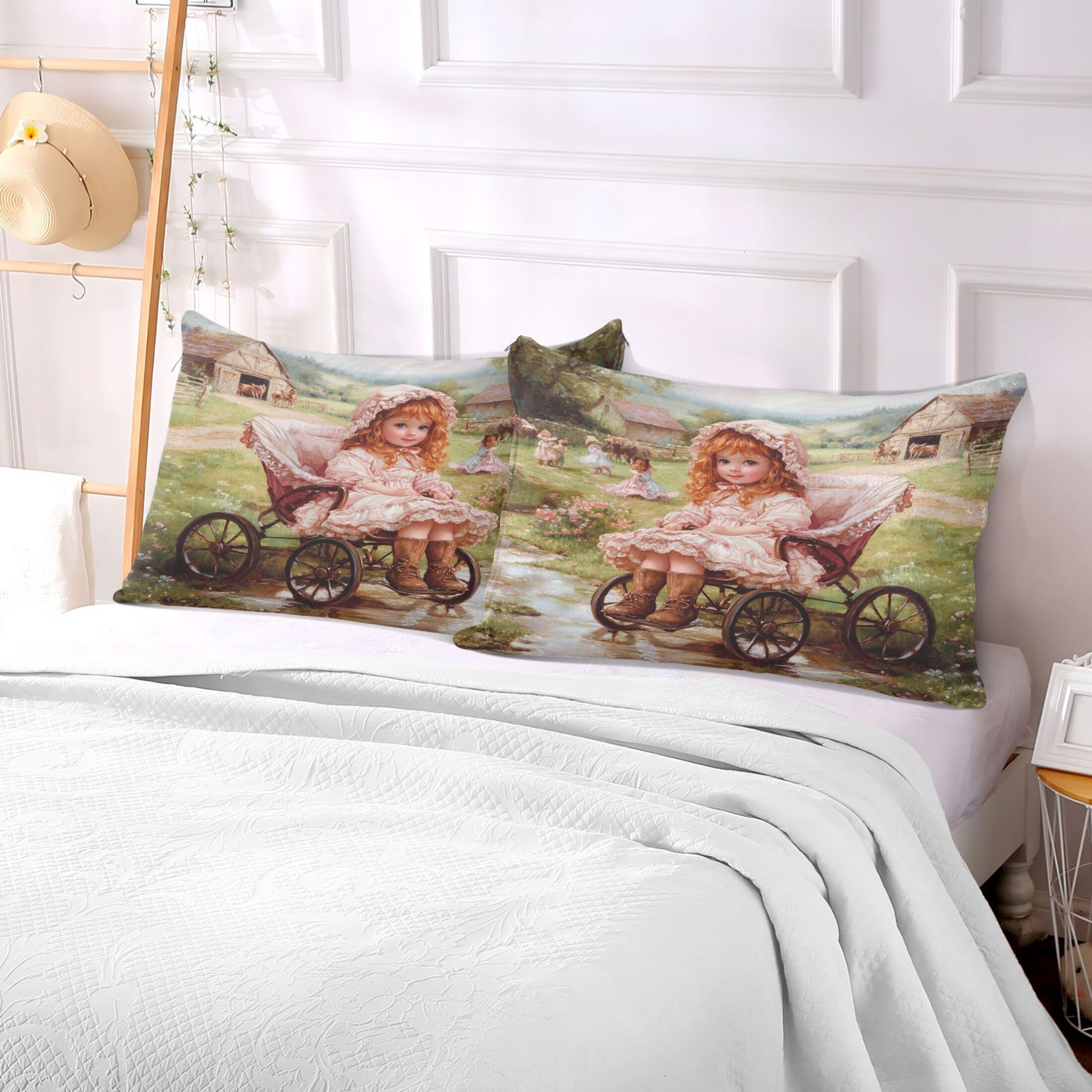 Pillow Case Plush Pillow Little Girl in Vintage Pram Case standard size ...