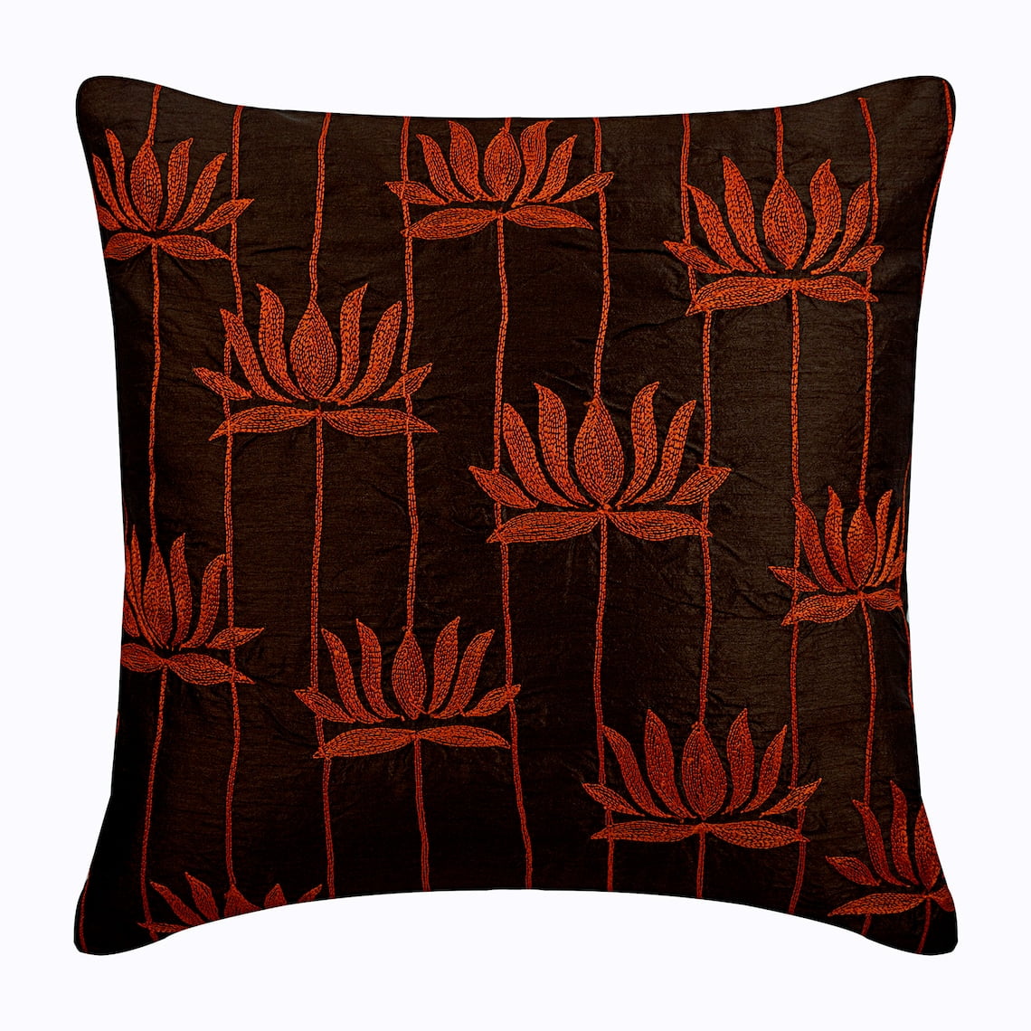 Pillow Case With Zipper, Brown 14x14 inch (35x35 cm) Lotus Embroidered ...
