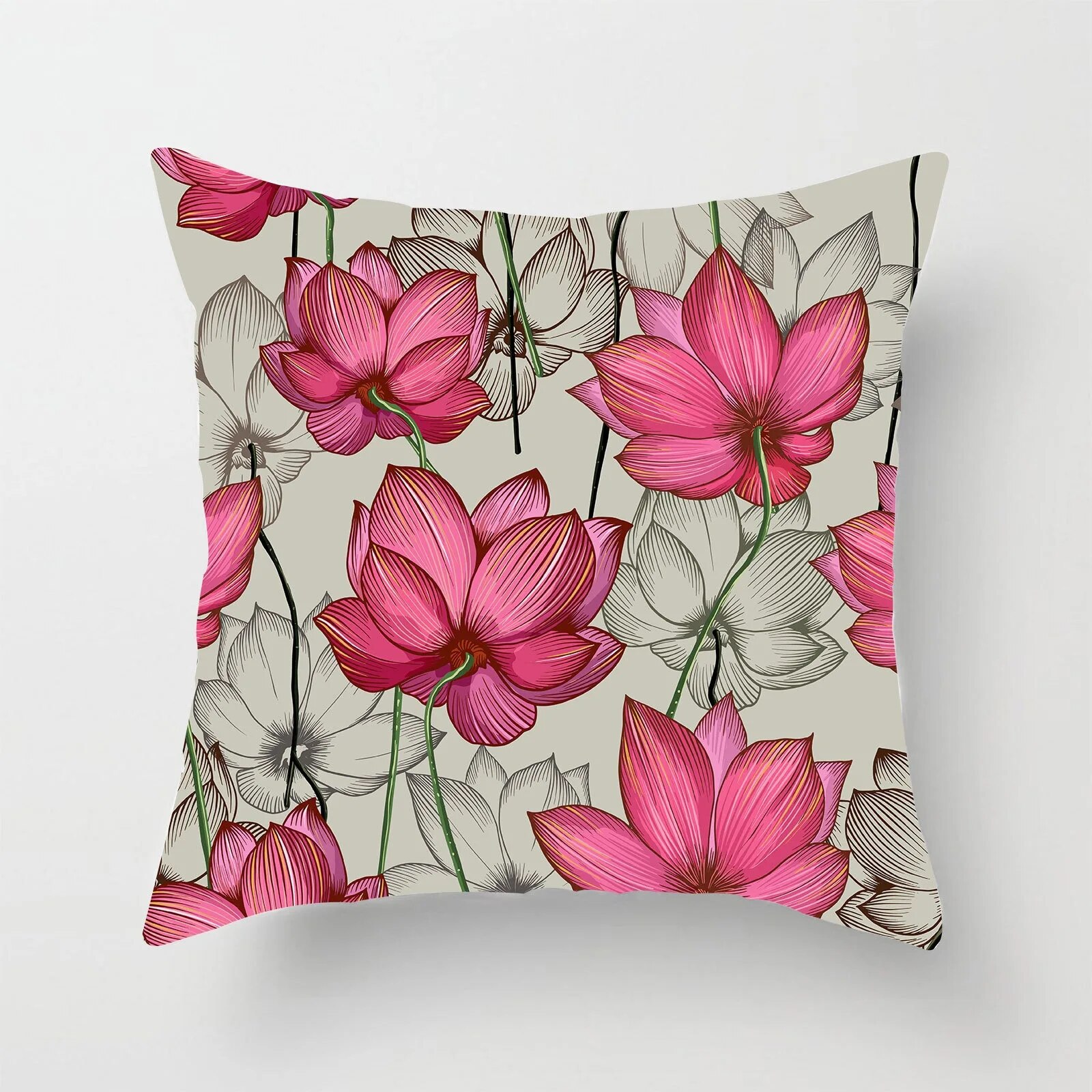 Pillow Cases Cotton Linen Digital Printed Lotus Office Bed Sofa Cushion ...