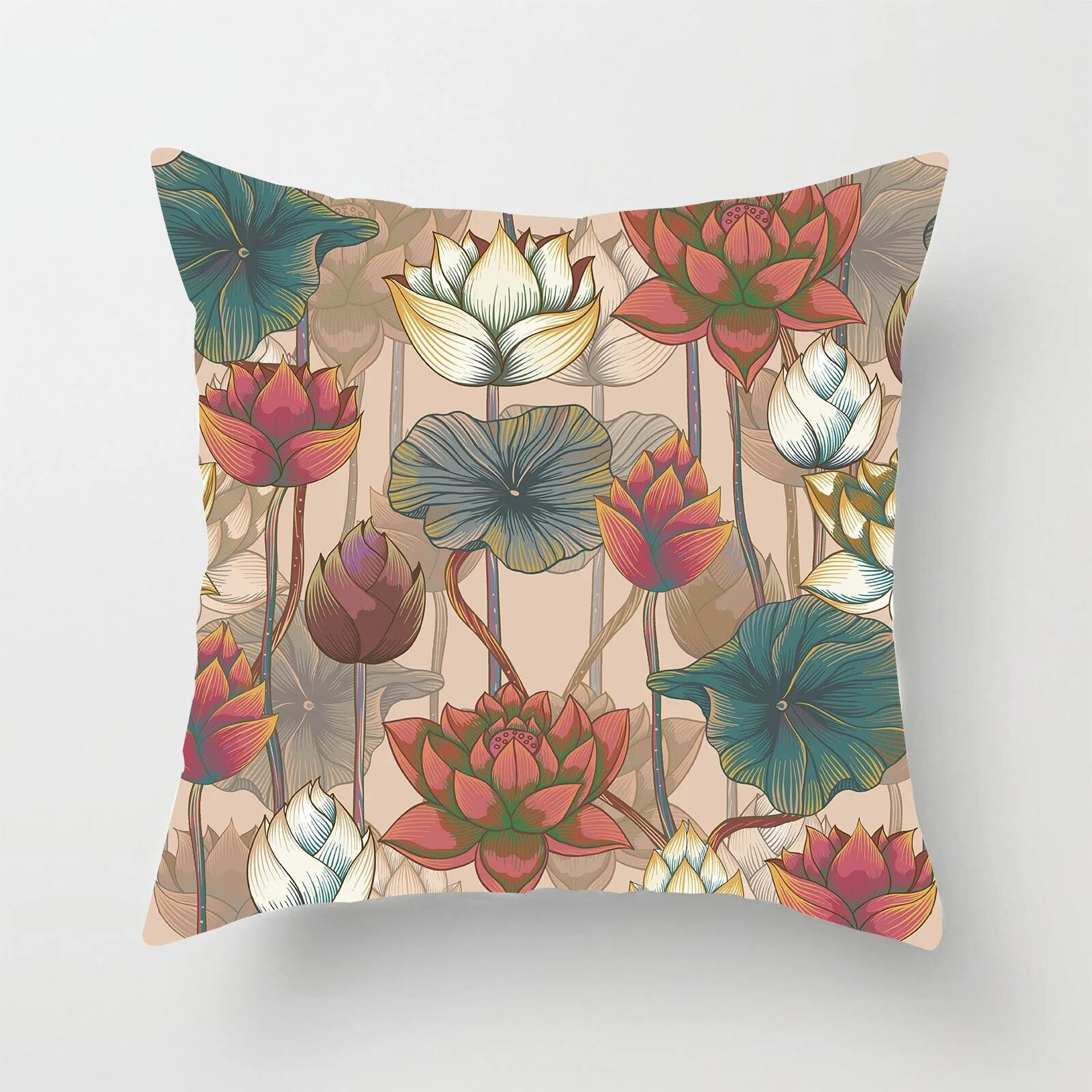 Pillow Cases Cotton Linen Digital Printed Lotus Office Bed Sofa Cushion ...