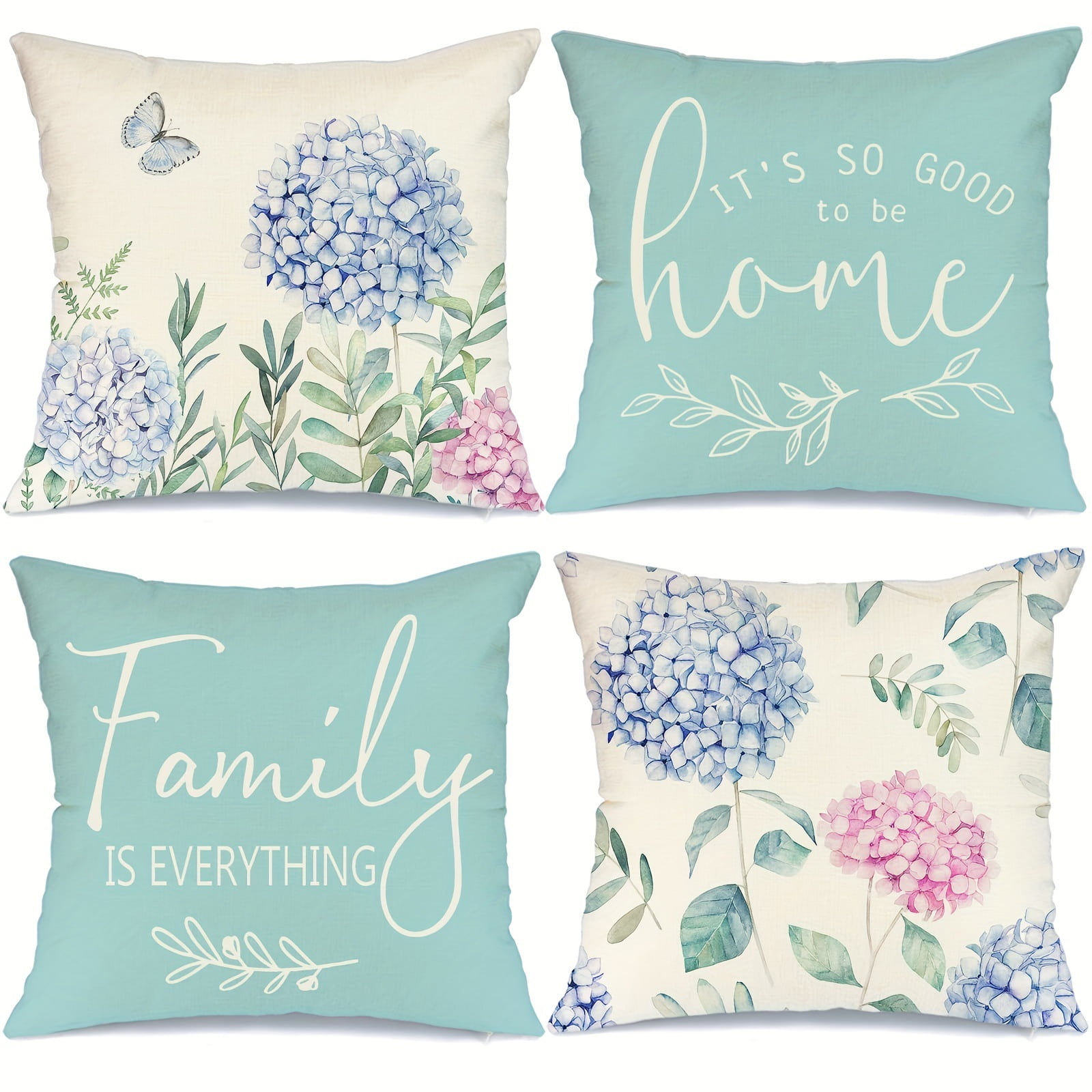 Pillow Covers 18x18 Set of 4, Blue Hydrangea Flowers Home Spring ...