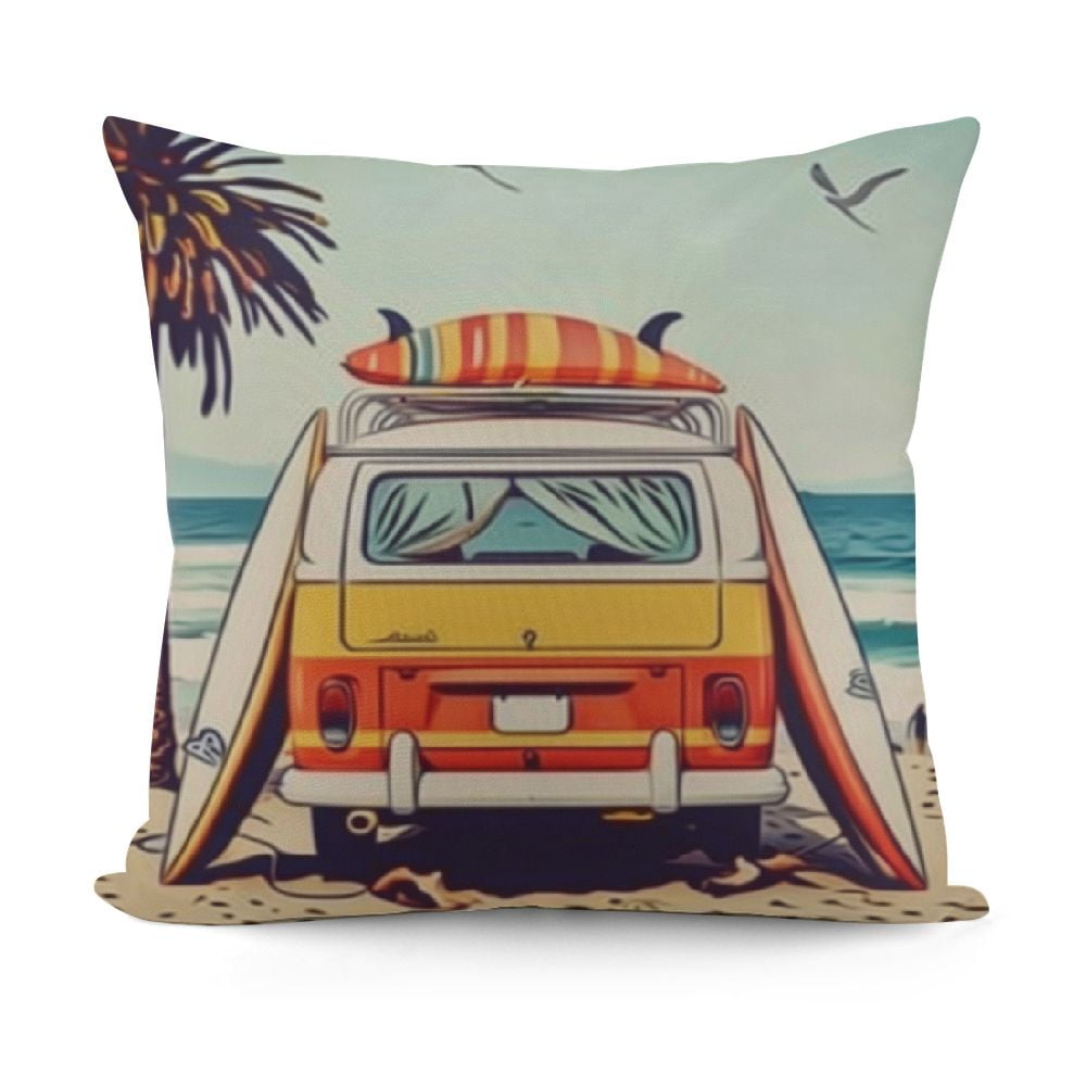 Pillow Cushion Case Cartoon Style with Surfboards and People Waves On ...